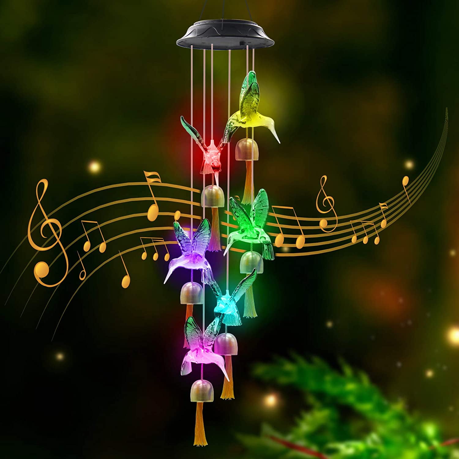 Wind Chimes, Outdoor Solar Wind Chimes Color Changing LED Hummingbird ...