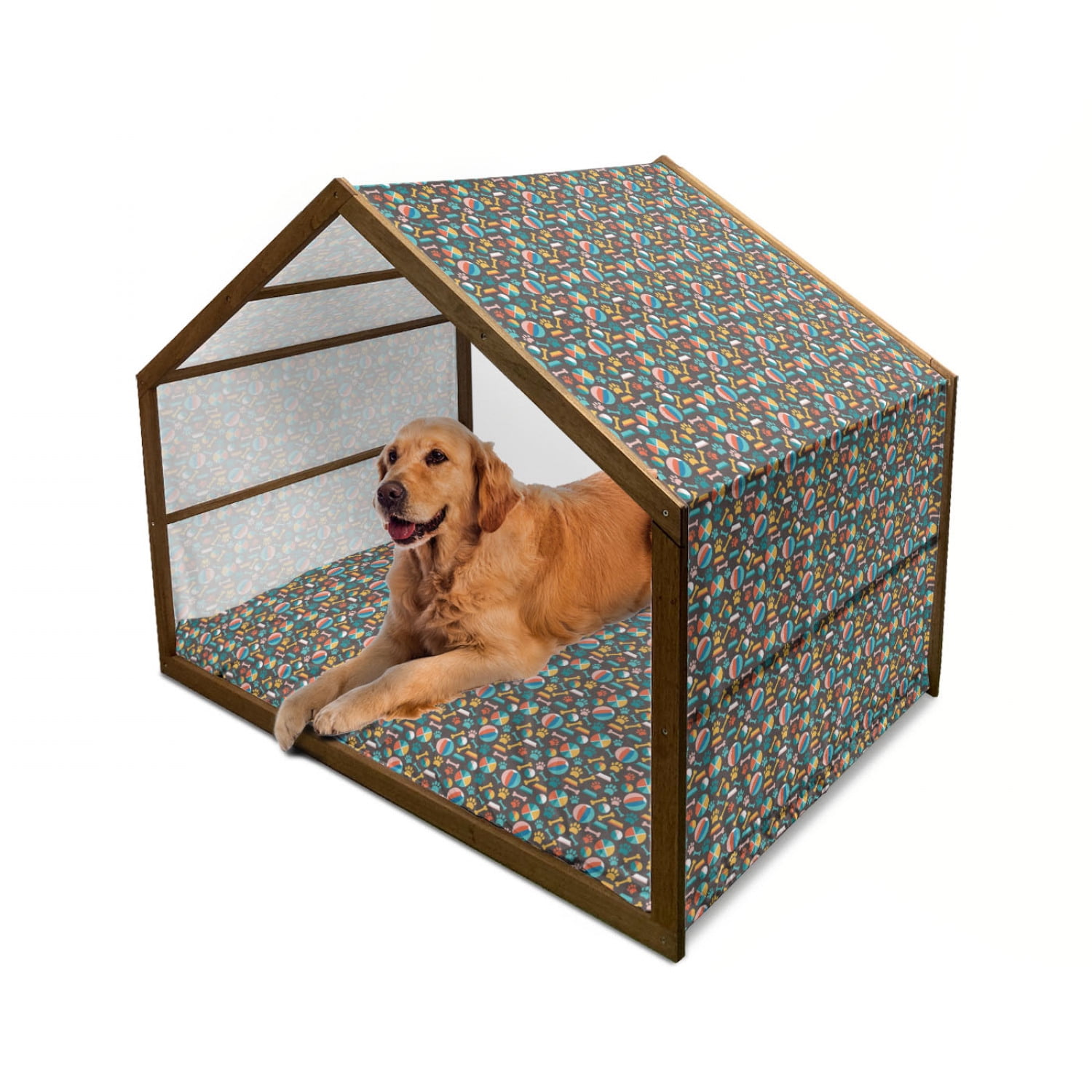 Dogs Pet House, Pattern with Puppy Food Paw Traces Bowls and Toys ...
