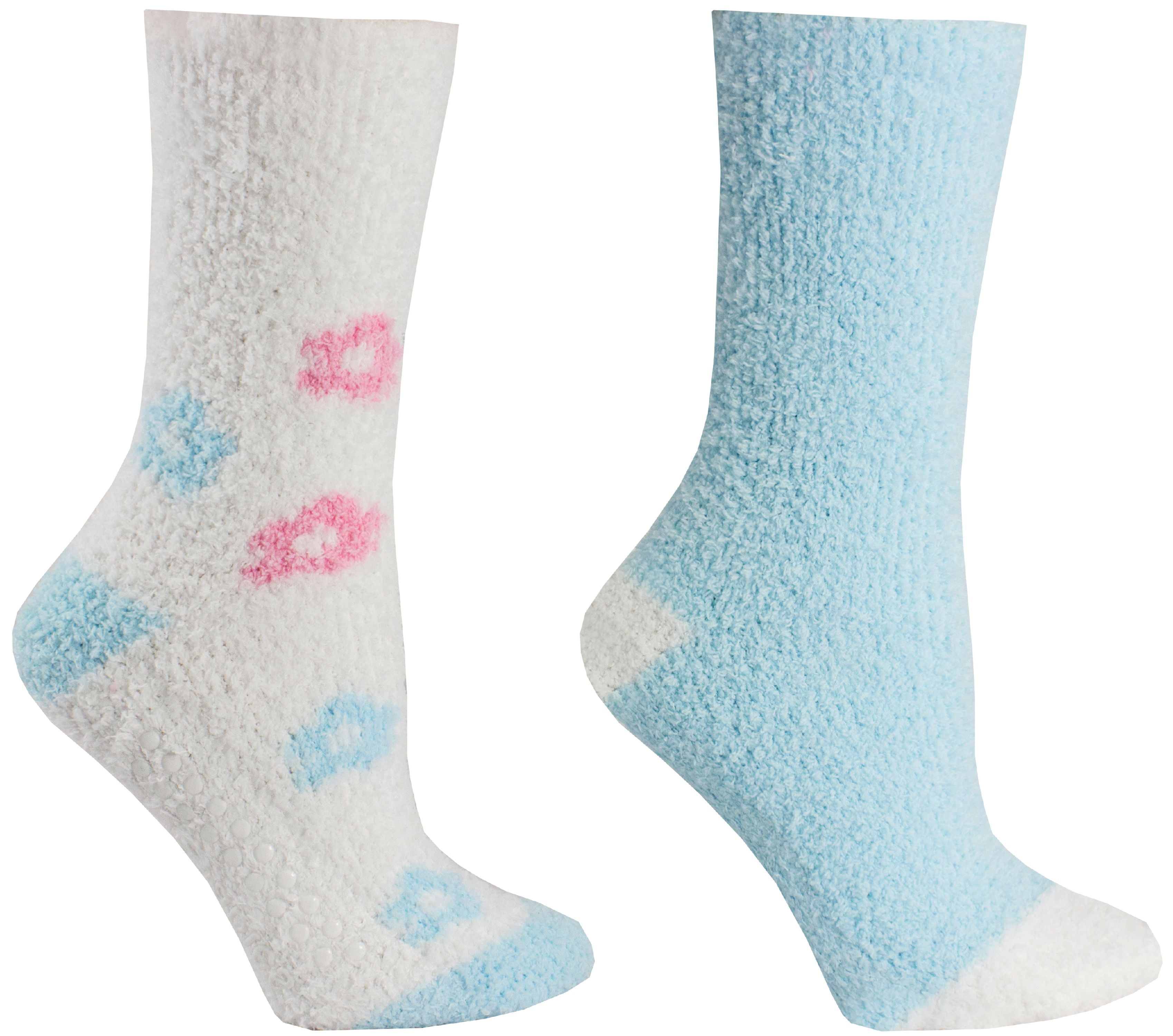2 Pair Pack Non-Skid Lavender Infused Fuzzy Chenille Light Blue Flower ...