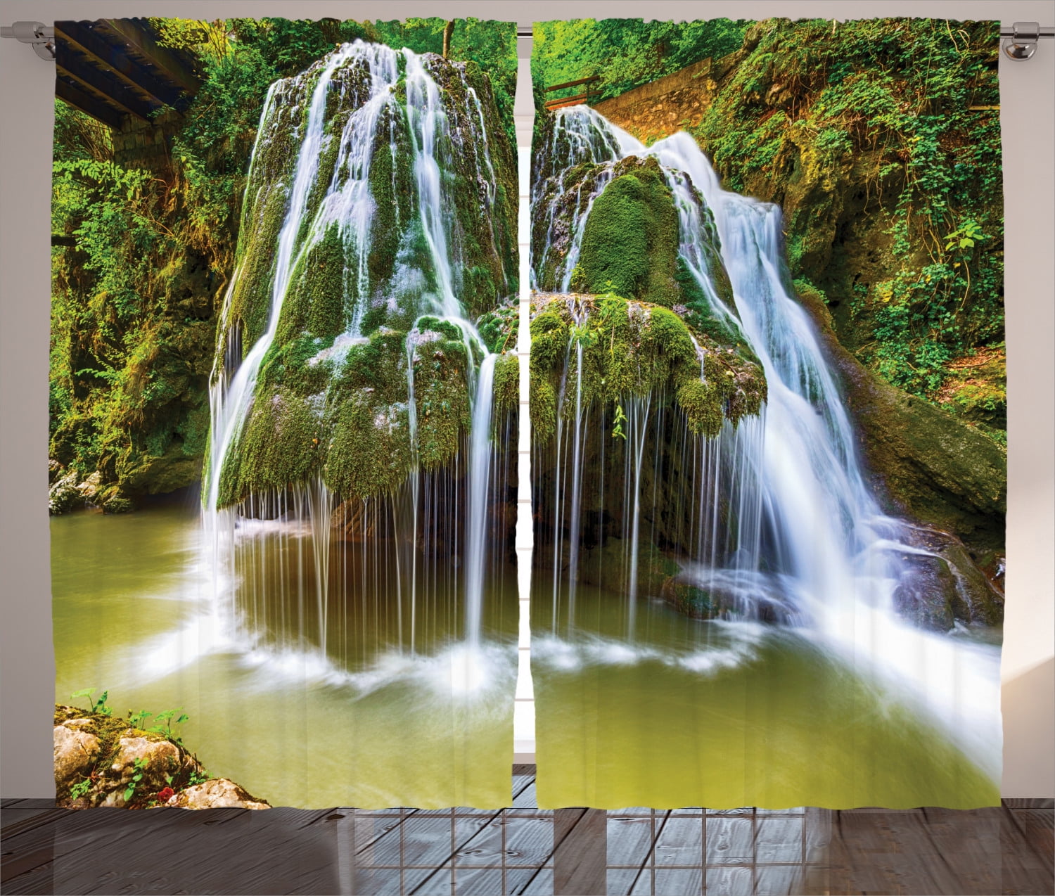 Waterfall Decor Curtains 2 Panels Set, Water Falls to Lake above Rock ...
