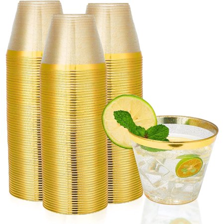 100 Pack 9oz Glitter Plastic Cups with Gold Rim, IGUOHAO Disposable ...