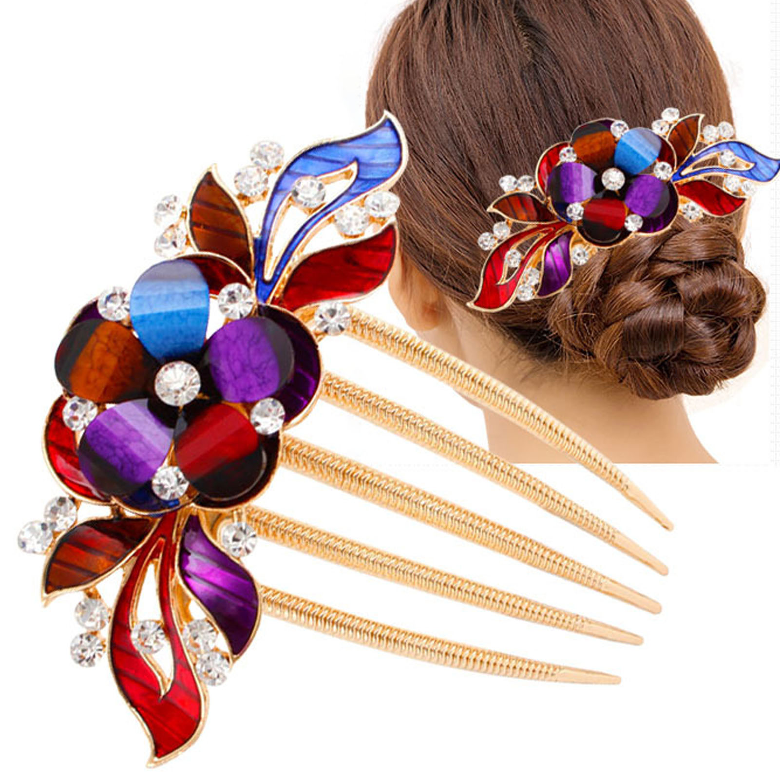 GROFRY Women Hair Comb Vintage Portable Big Flower Decor Rhinestone ...
