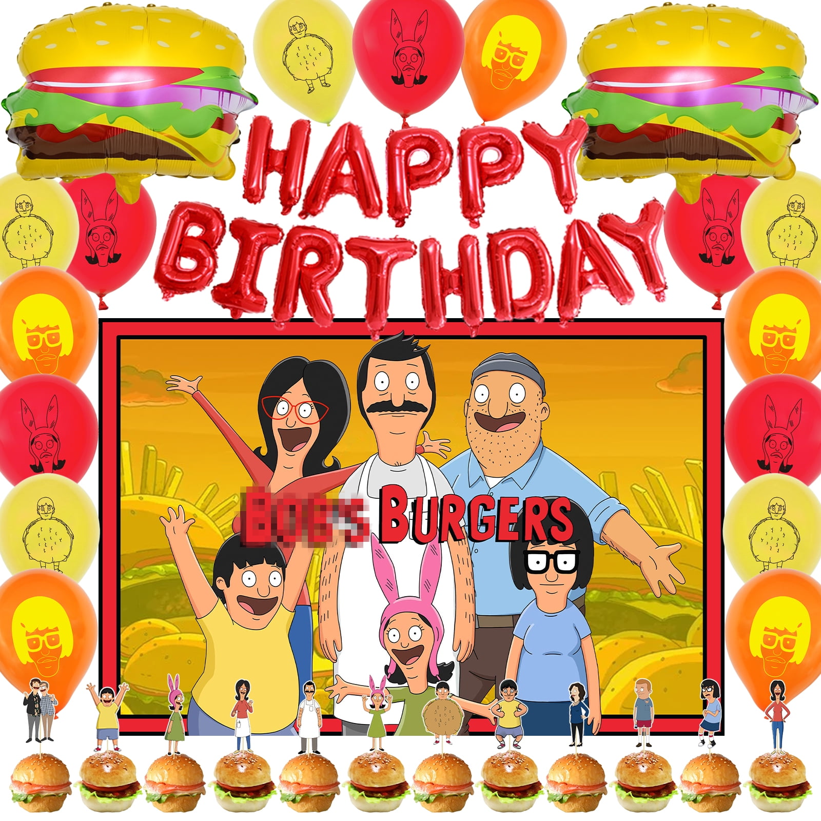 46 Pcs Bobs Burgers Party Decorations Cartoon Burgers Birthday Party