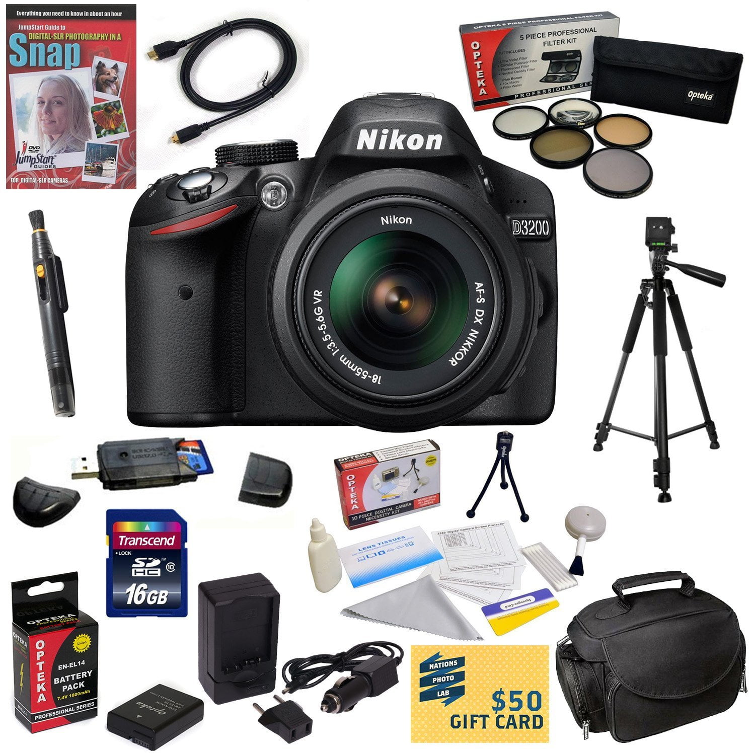 Nikon D3200 Digital SLR Camera with 18-55mm NIKKOR VR Lens With 16GB SDHC Card, Reader, Battery ...