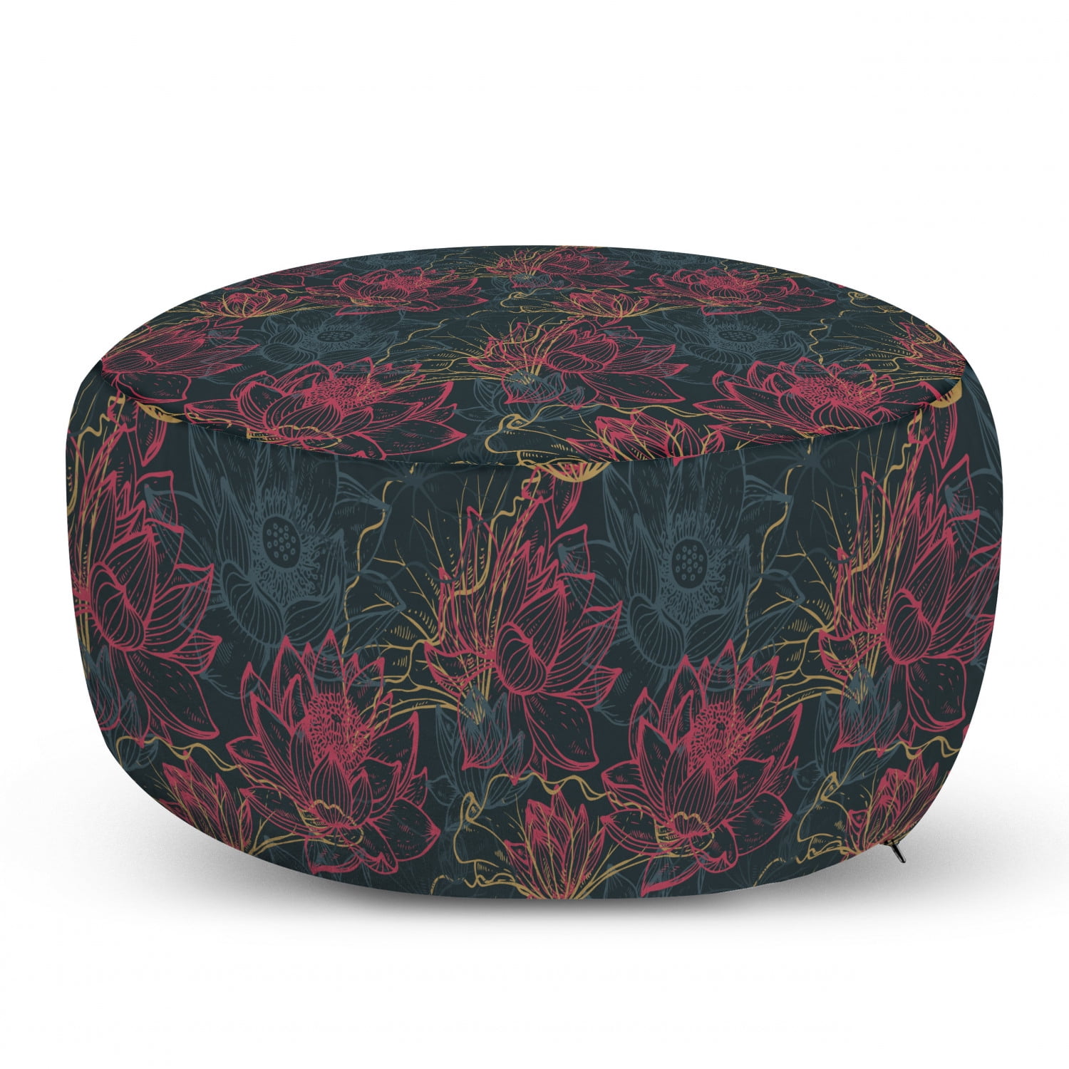 Lotus Pouf Cover with Zipper, Hand Drawn Mystic Flowers of Asia ...