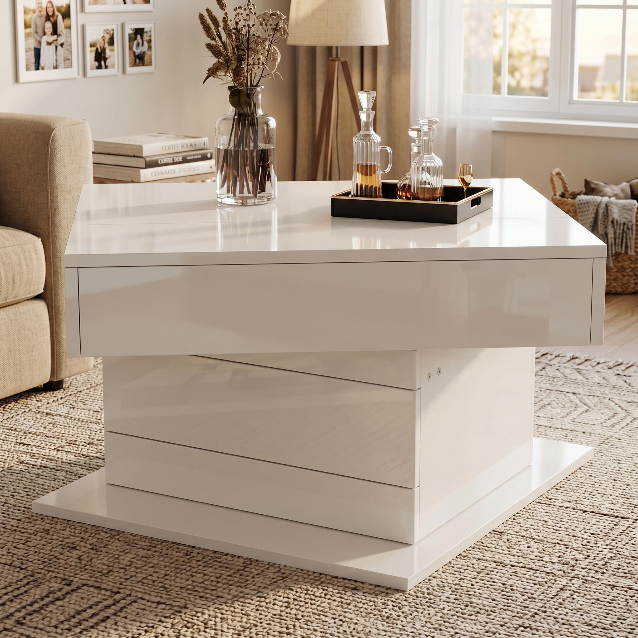 Homy Casa, White Rotating Lift Top Coffee Table with 1 Drawer and ...