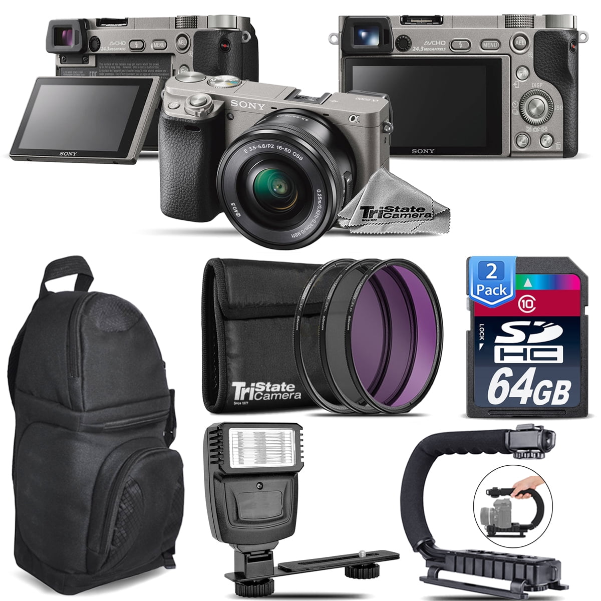 Sony Alpha a6000 Camera Graphite + Flash Kit + Stabilizing Handle ...