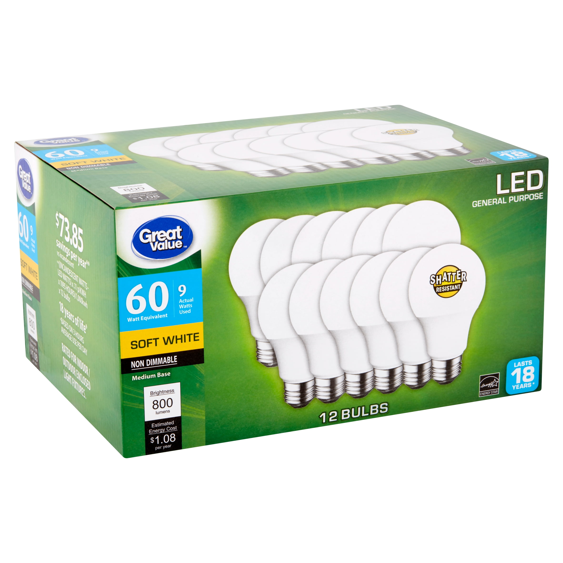 Great Value LED 9 Watts Soft White Medium Base Bulbs, 12 count ... Great Value LED 9 Watts Soft White Medium Base Bulbs, 12 count ...