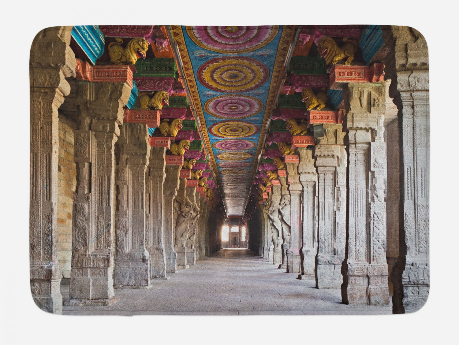 Pillar Bath Mat, Spiritual Theme Inside of Old Meenakshi Temple in ...