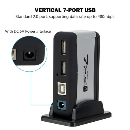Butwevi Vertical USB Hub 7 Ports USB 2.0 Splitter with Power Adapter ...