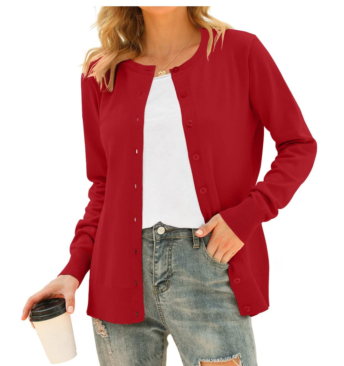 Aiyino Womens Long Sleeve Button Down Crew Neck Classic Sweater Knit