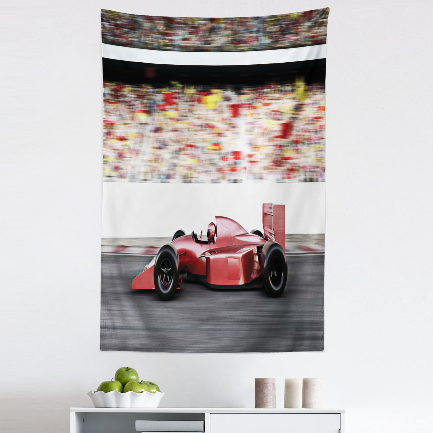 Cars Tapestry, Sports Theme Red Race Car Side View on a Track Leading ...