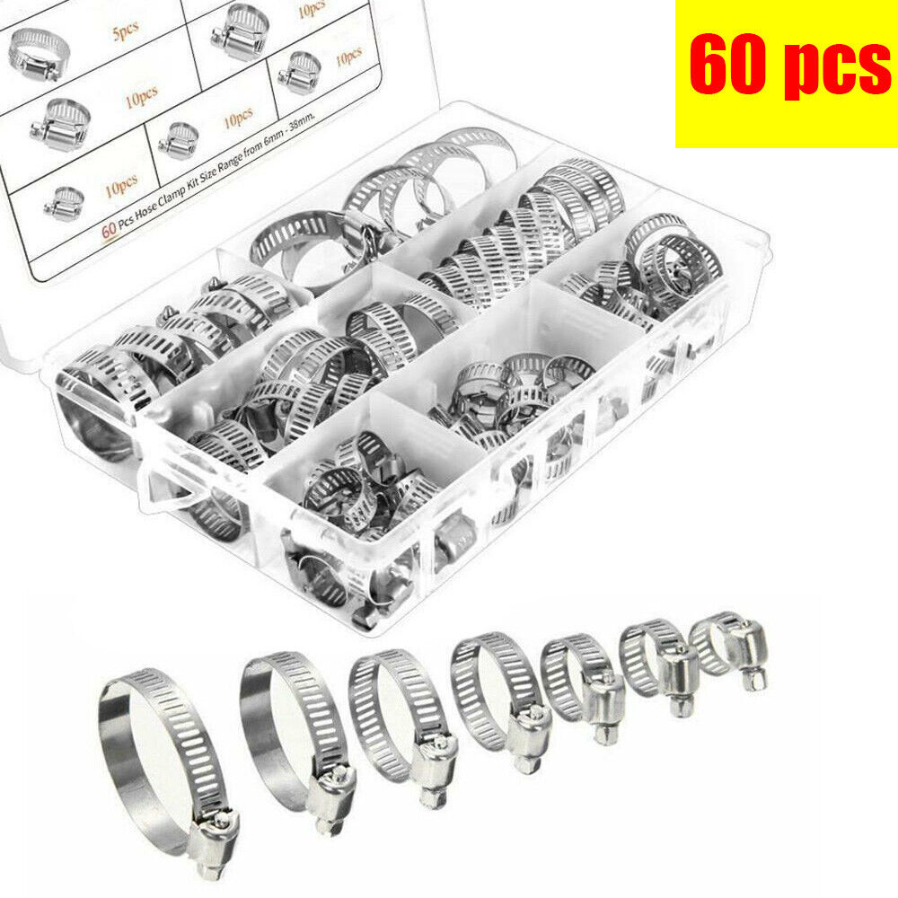 Xhy Hose Clamps 60pcs Adjustable Worm Gear Stainless Steel Pipe Clamp 7 Sizes Assortment ...