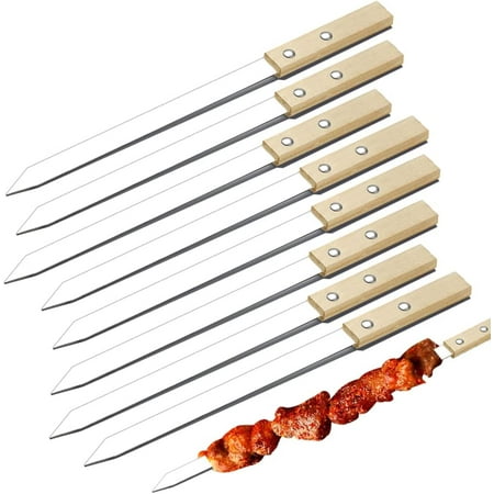 8 Pieces Barbecue Skewers, 40cm Stainless Steel Skewer, with Solid Oak Handle, BBQ Accessory ...