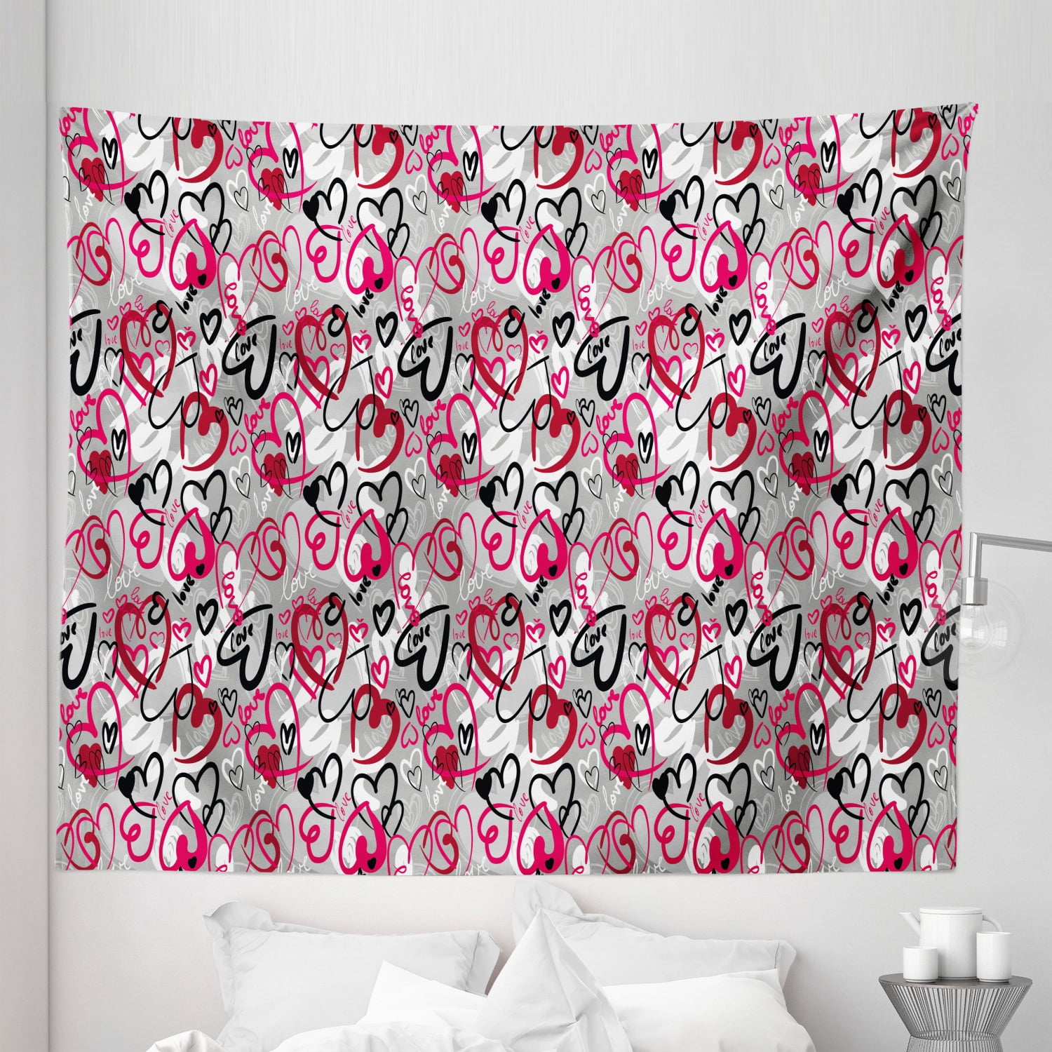 Love Tapestry, Romantic Random Hand Drawn Style Hearts and Love Words ...