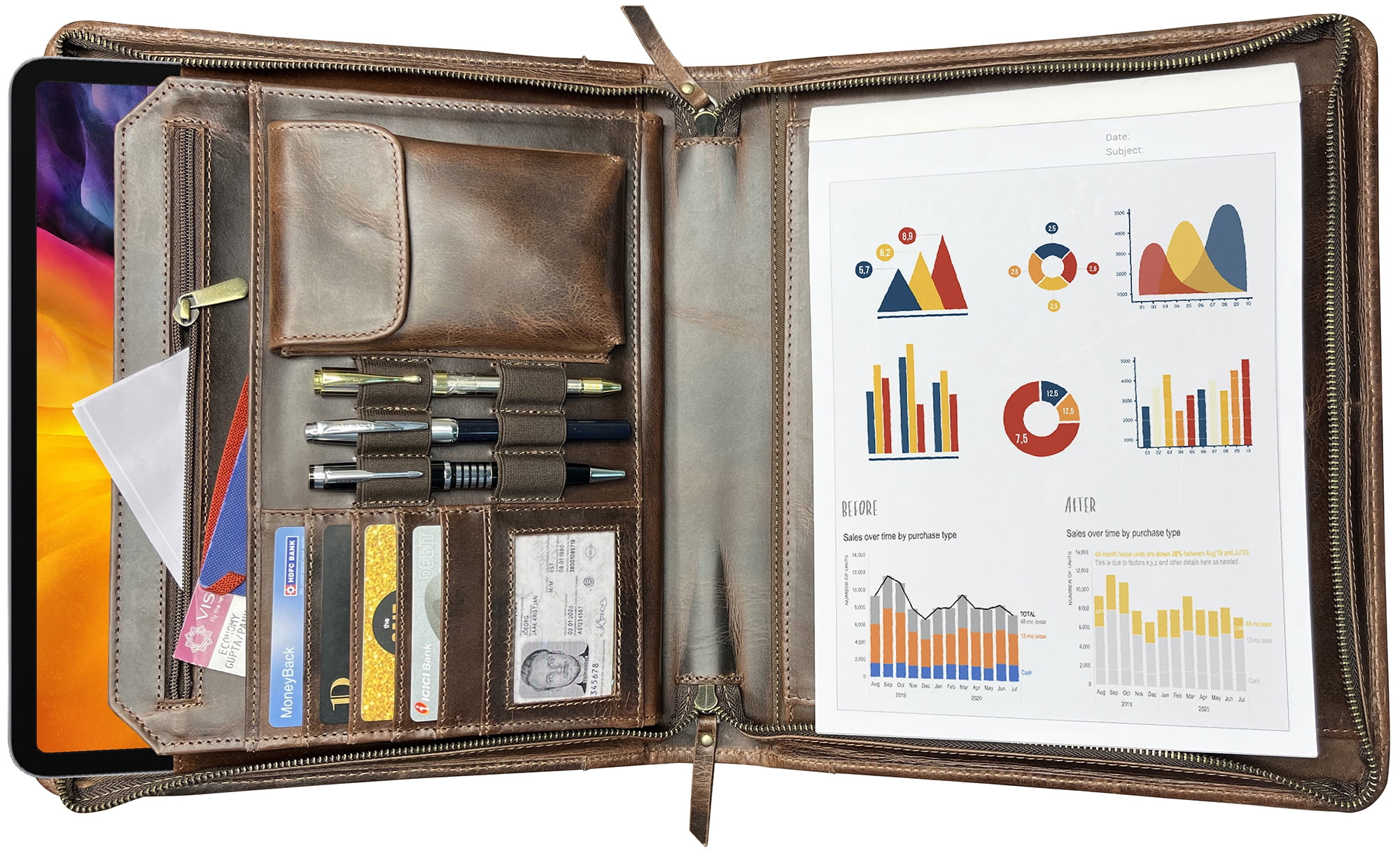 Leather Padfolio Business Portfolio Zipper Document Folder Professional ...