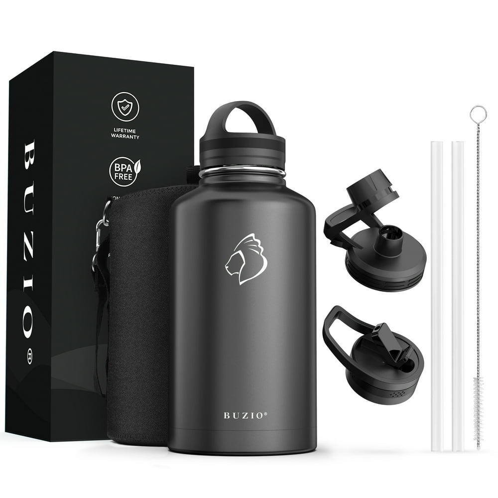 BUZIO 64 oz Insulated Water Bottle with Straw, Stainless Steel Water ...