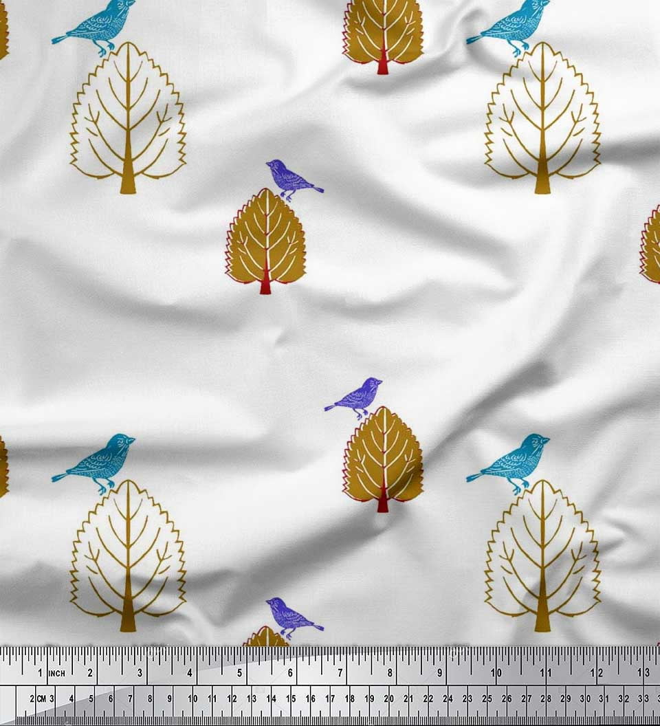 Soimoi Japan Crepe Satin Fabric Bird & Tree Block Printed Craft Fabric ...