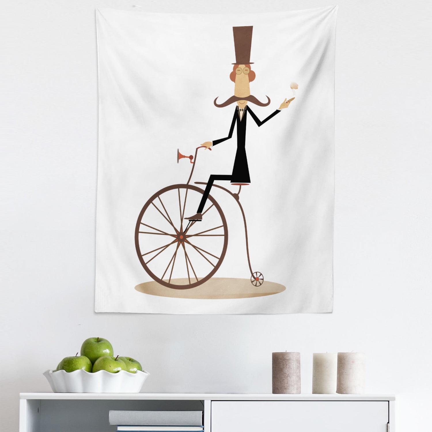 Cigar Tapestry, Gentleman with Mustache Top Hat Umbrella Retro Bike and ...