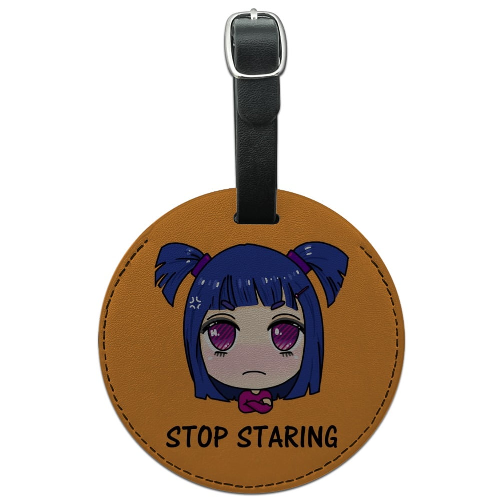 Stop Staring Kawaii Chibi Girl Pigtails Round Leather Luggage Card ...