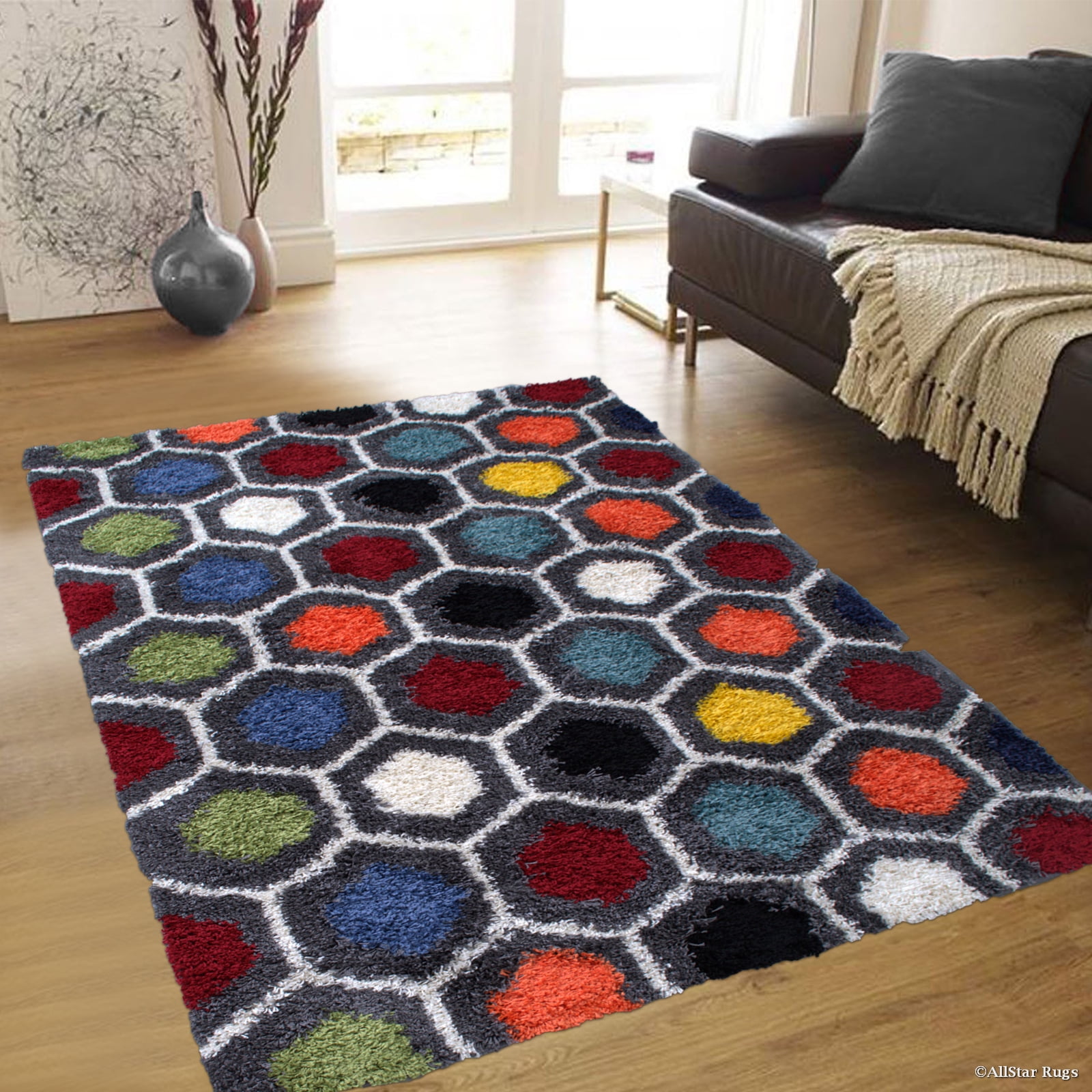 Allstar Modern Charcoal High Pile Posh Shaggy Honey Comb Printed Area ...