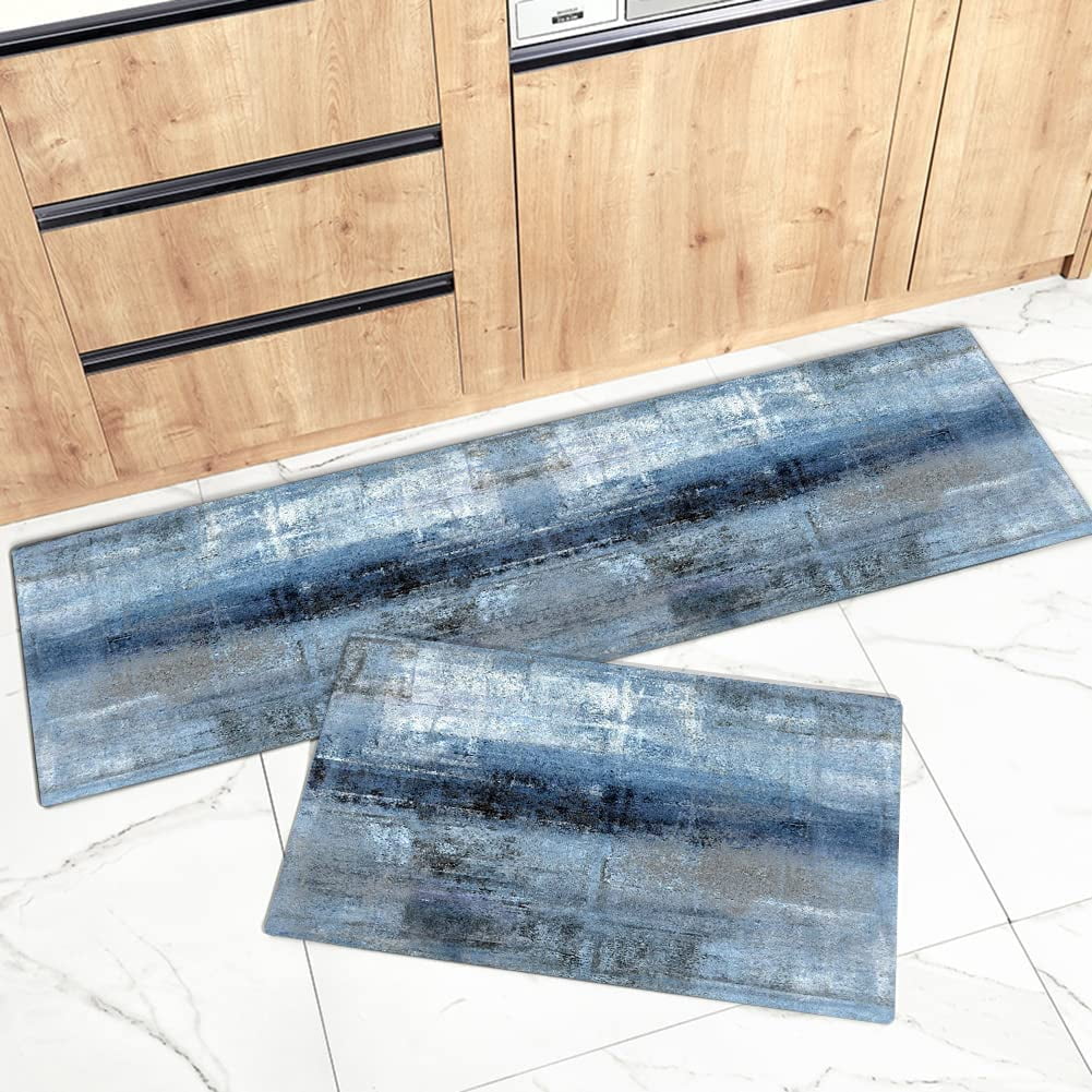Blue and Grey Kitchen Rugs and Mats Set 2 Piece Blue Abstract Art ...