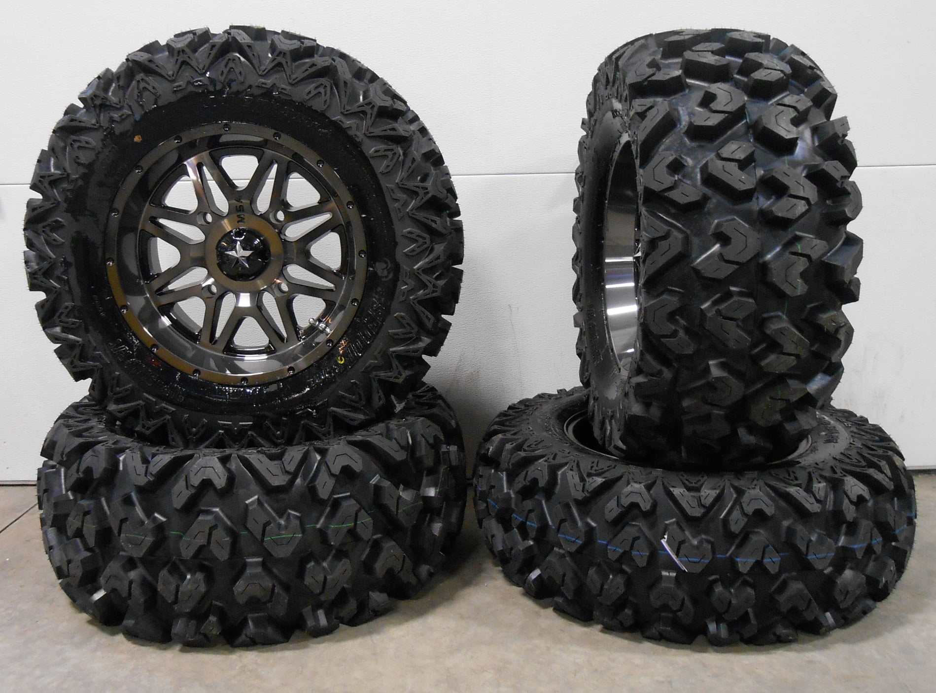 MSA Dark Tint Vibe 14" ATV Wheels 27" Rip Saw Tires Can-Am Commander ...