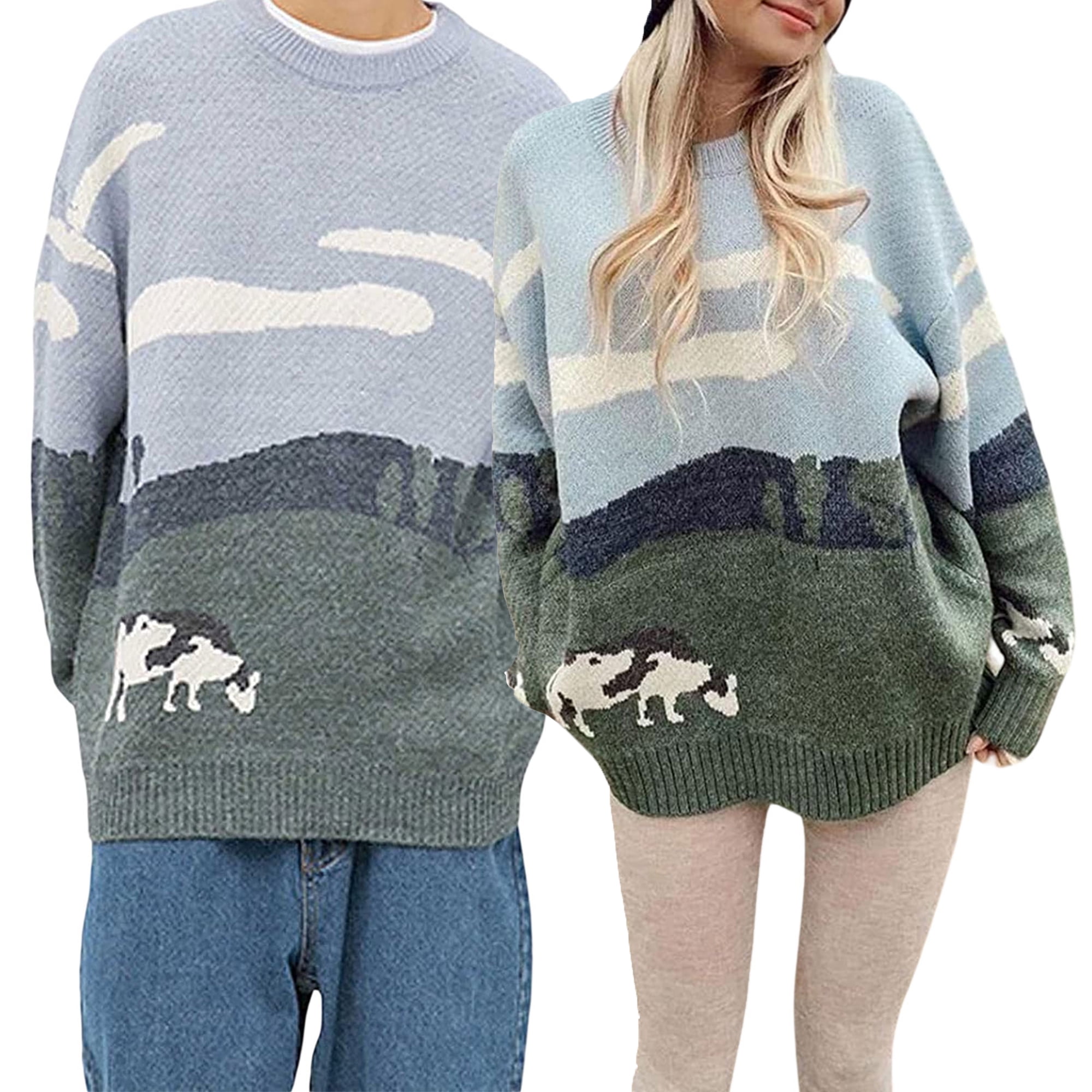 Sunloudy Unisex Fall Fashion Casual Sweater, Long Sleeve Crew Neck Cow ...