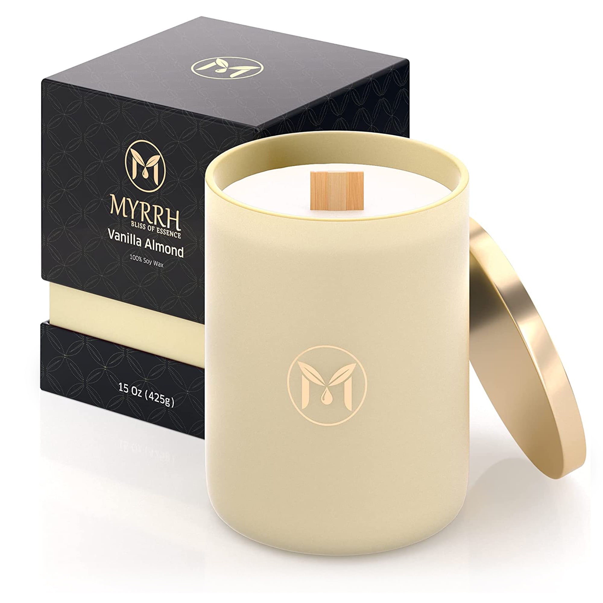 Vanilla Almond Scented Candle, 100% Soy Wax, Essential Oil Infused, 80-85 Hrs Burn Time, 15oz ...