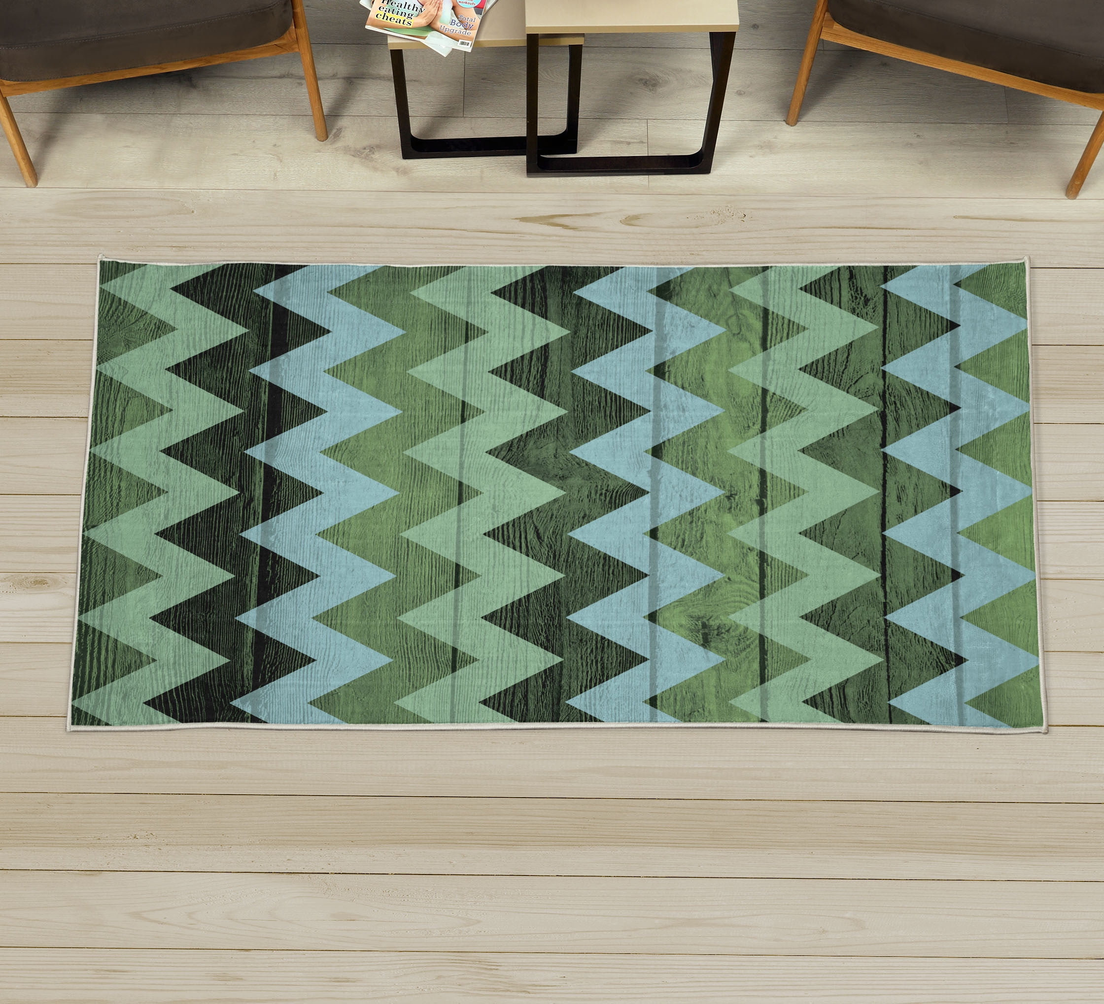 Chevron Decorative Rug, Zig Zag Lines Pattern on Wooden Looking ...
