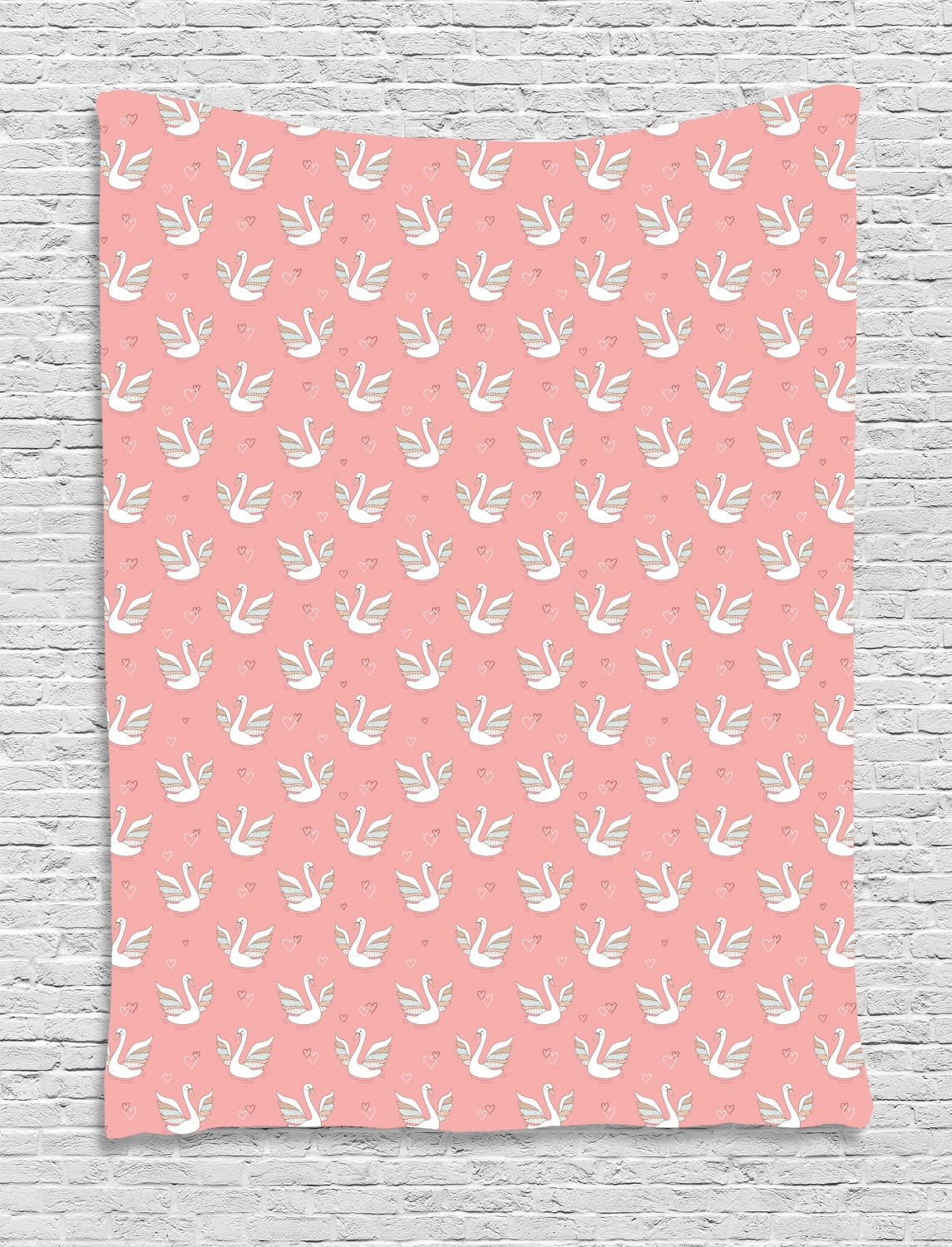 Swan Tapestry, Hand Drawn Style White Birds on Coral Backdrop with ...