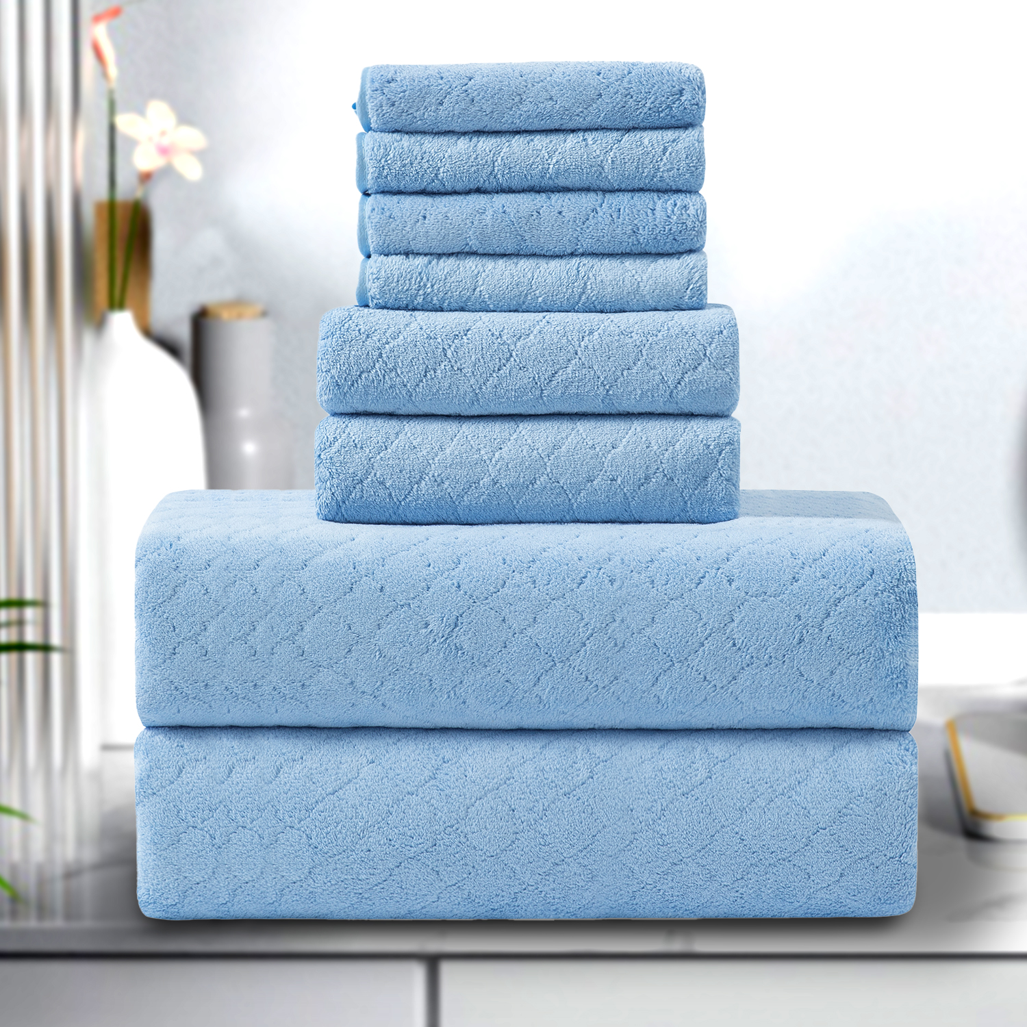 8 Piece 700GSM Microfiber Towel Set Blue 2 Oversized Bath Towels 2 ...