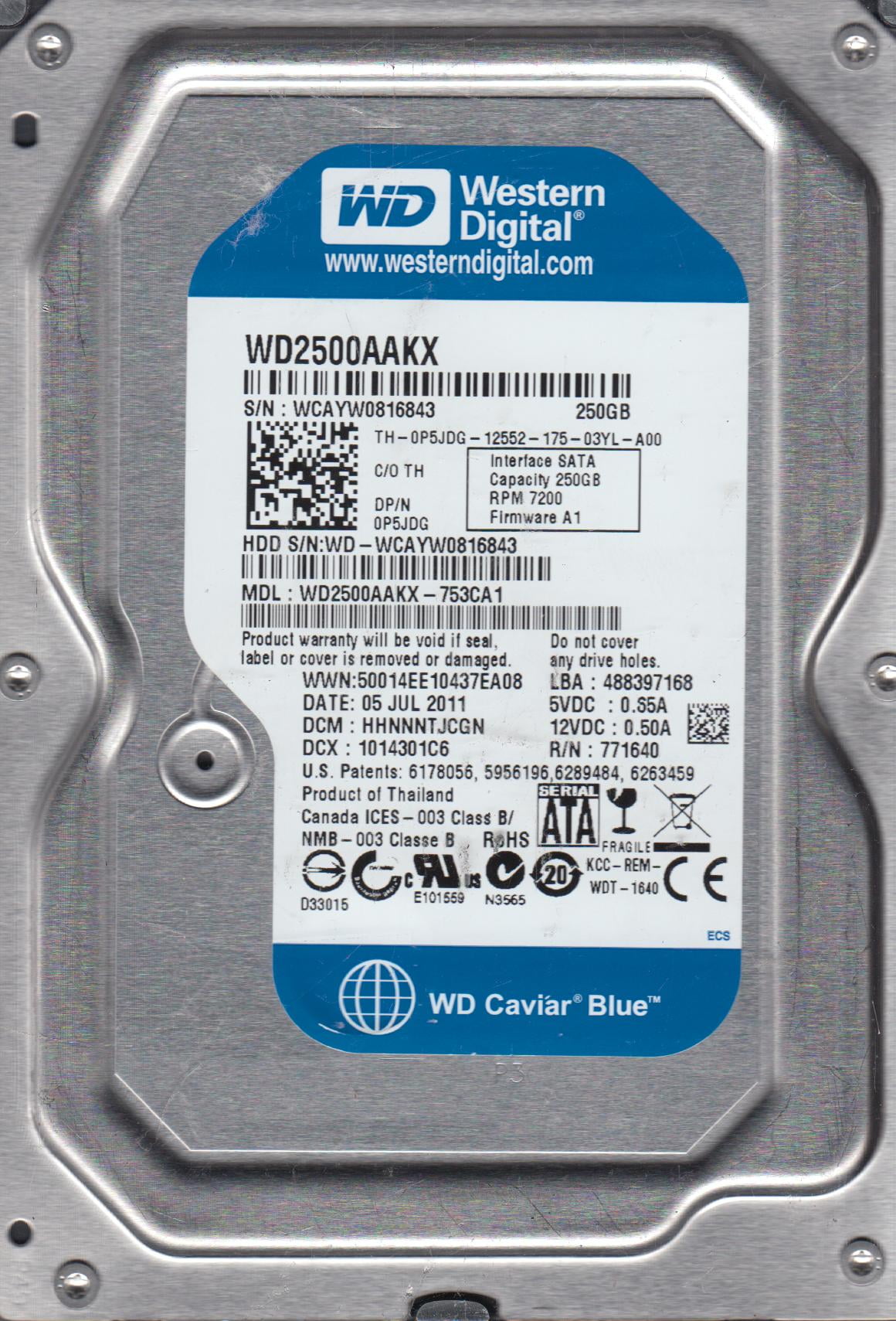WD2500AAKX-753CA1, DCM HHNNNTJCGN, Western Digital 250GB SATA 3.5 Hard ...