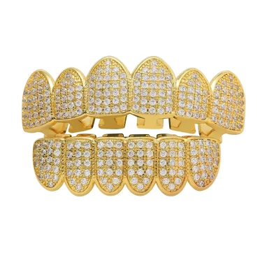 Saintda Real Mouth Diamond Tooth Grillz Set, Top & Bottom, Silver, AAA ...