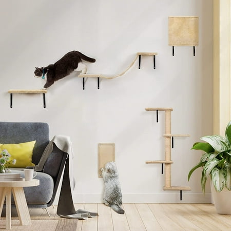 5 Pcs Wall-Mounted Cat Climber Set with Catnip, Wood Indoor Cat ...