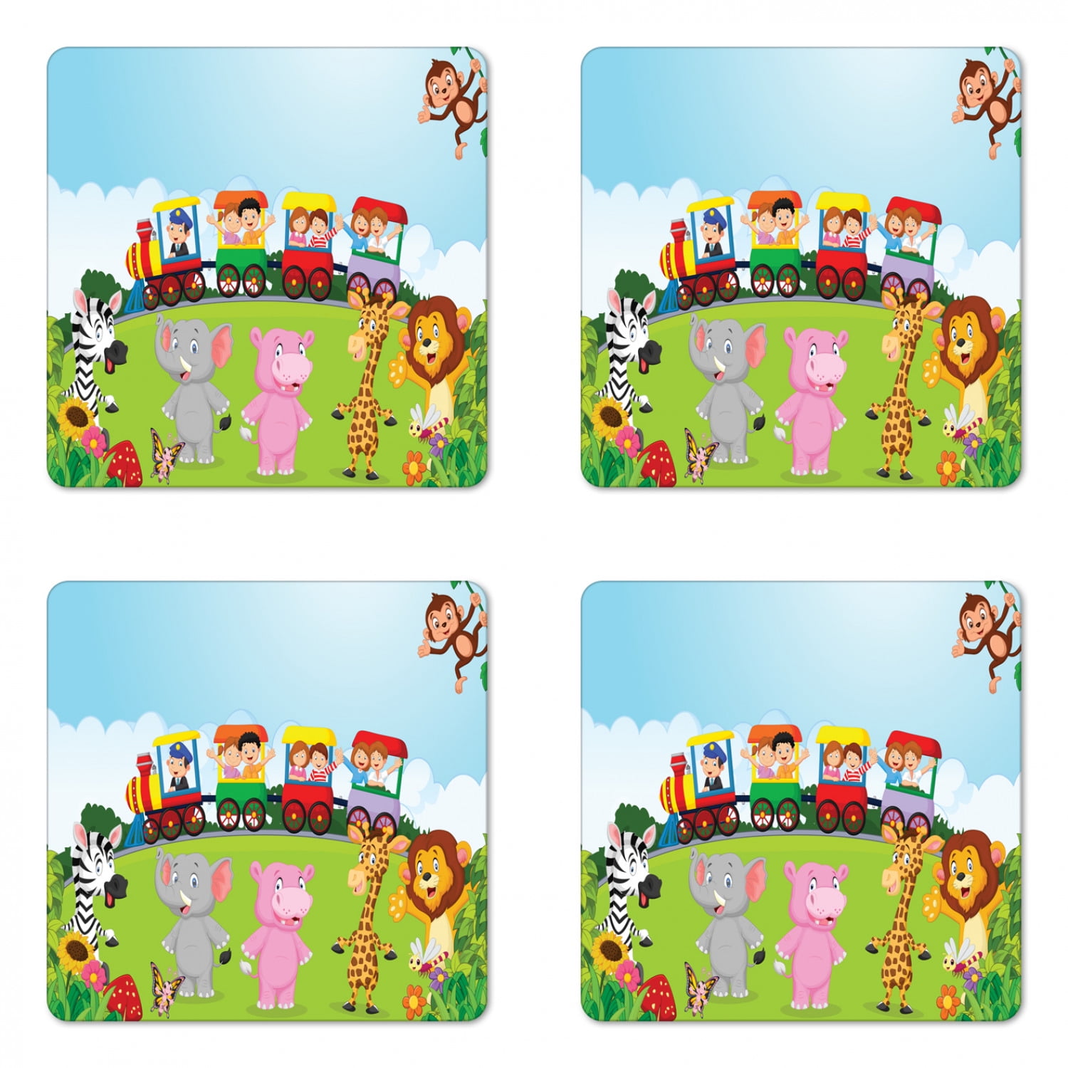 Cartoon Coaster Set of 4, Kids Nursery Design Happy Children on a Choo ...