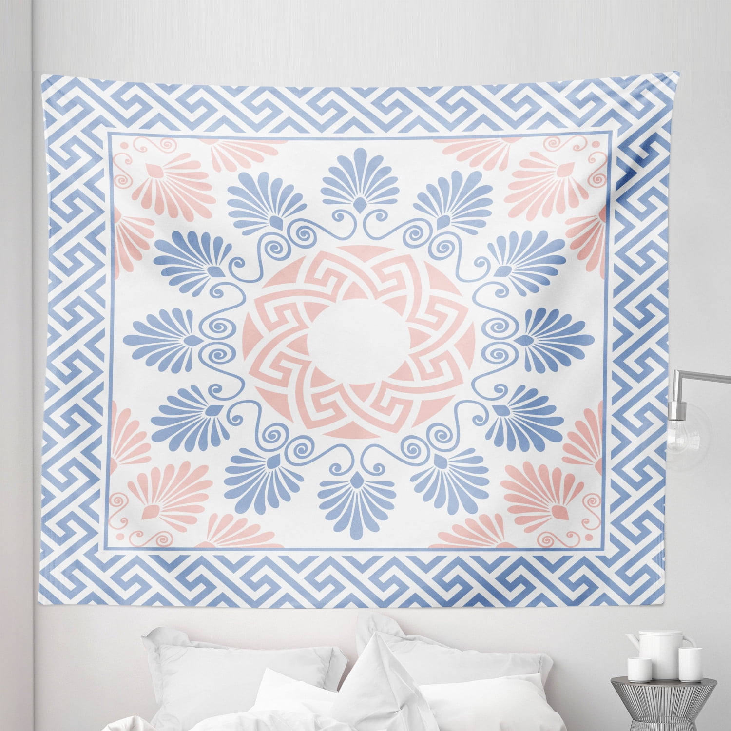 Greek Key Tapestry, Pastel Pink White and Blue Round Floral Grecian ...