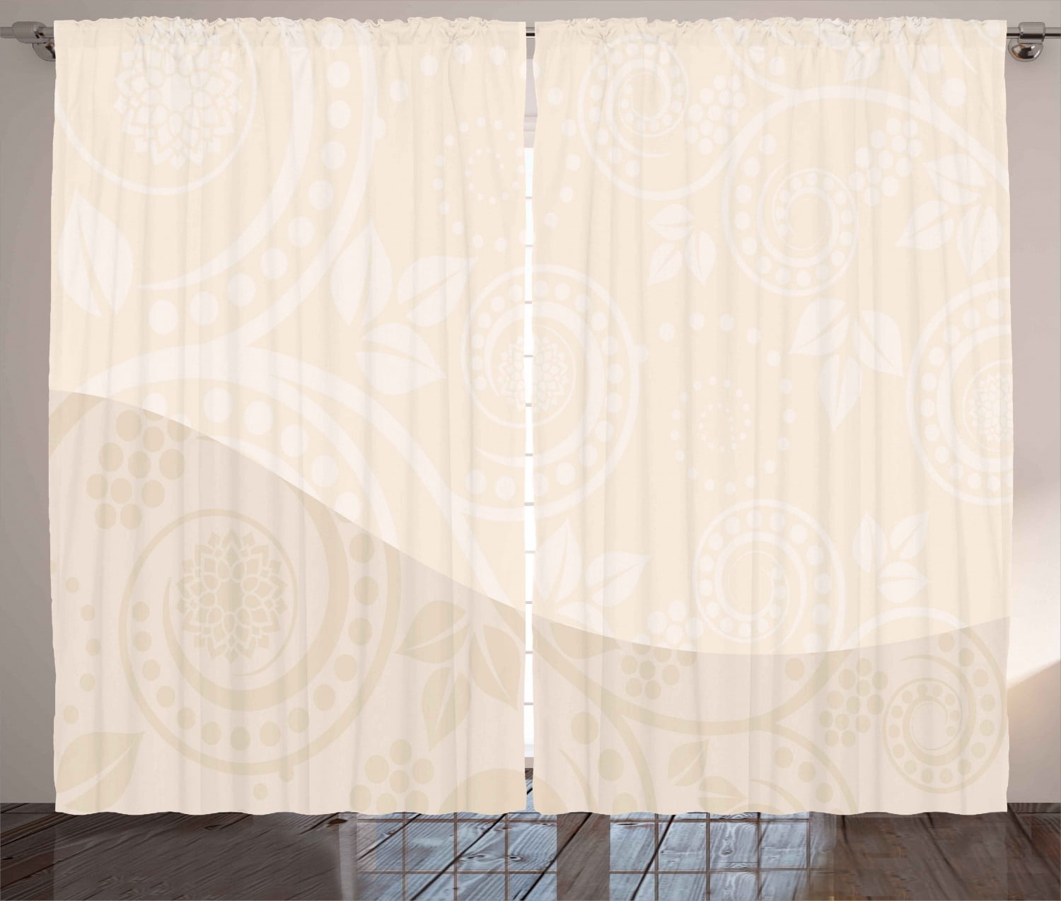 Ivory Curtains 2 Panels Set, Shabby Chic Ornamental Floral Curved ...