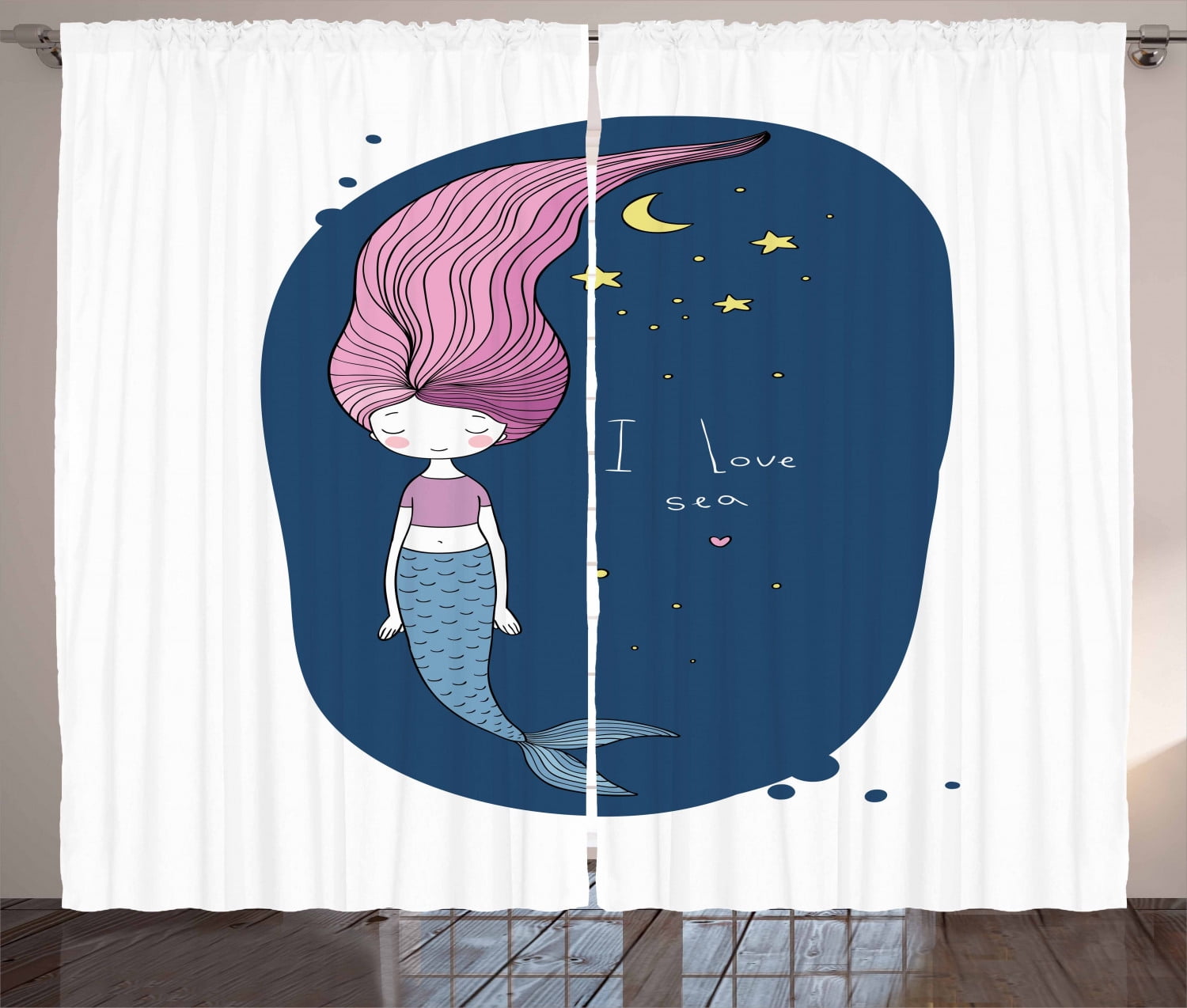 Mermaid Curtains 2 Panels Set, I Love Sea Theme Fantastic Cartoon Girl ...
