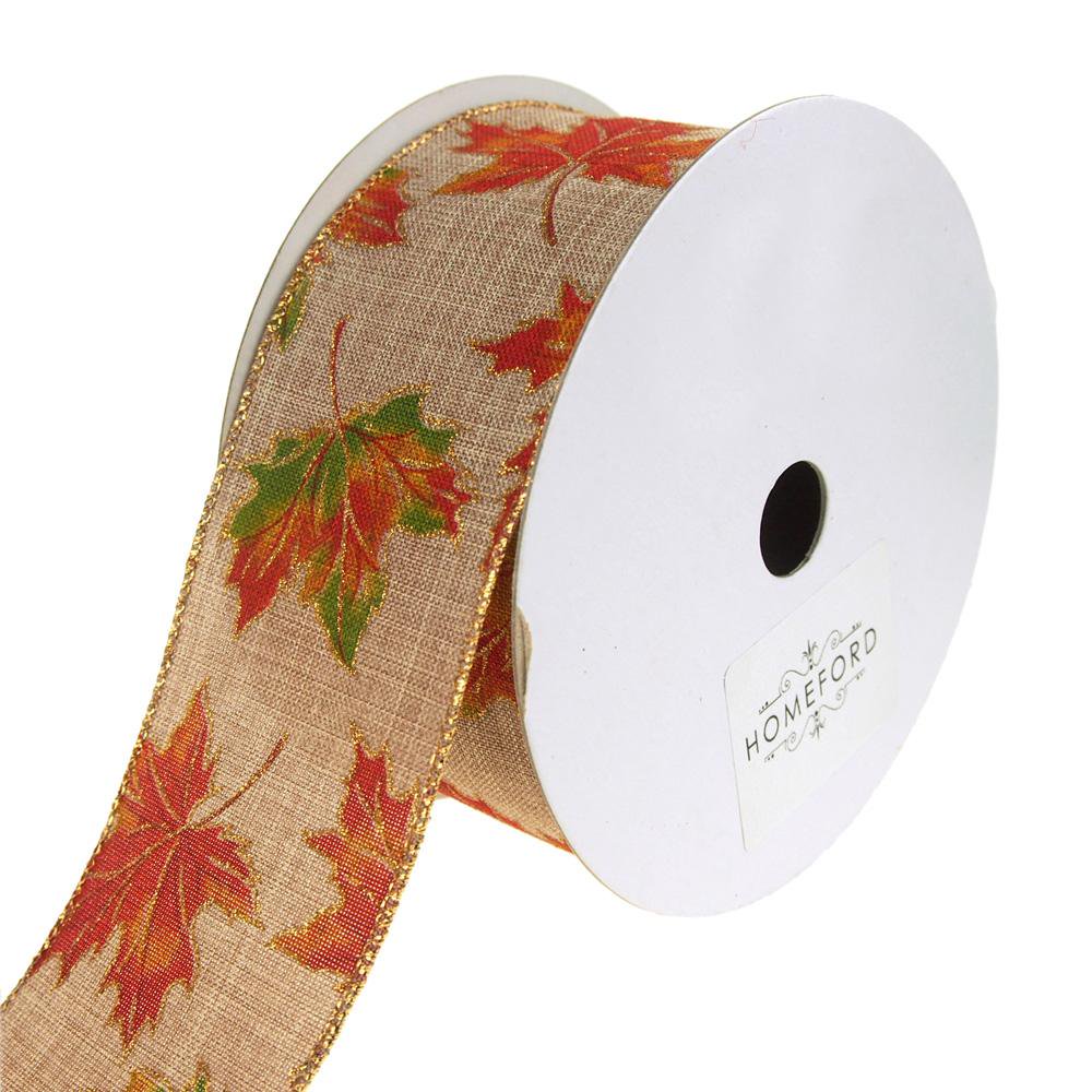 Autumn Leaves Fall Printed Linen Wired Ribbon, Natural, 2-1/2-Inch, 20 ...