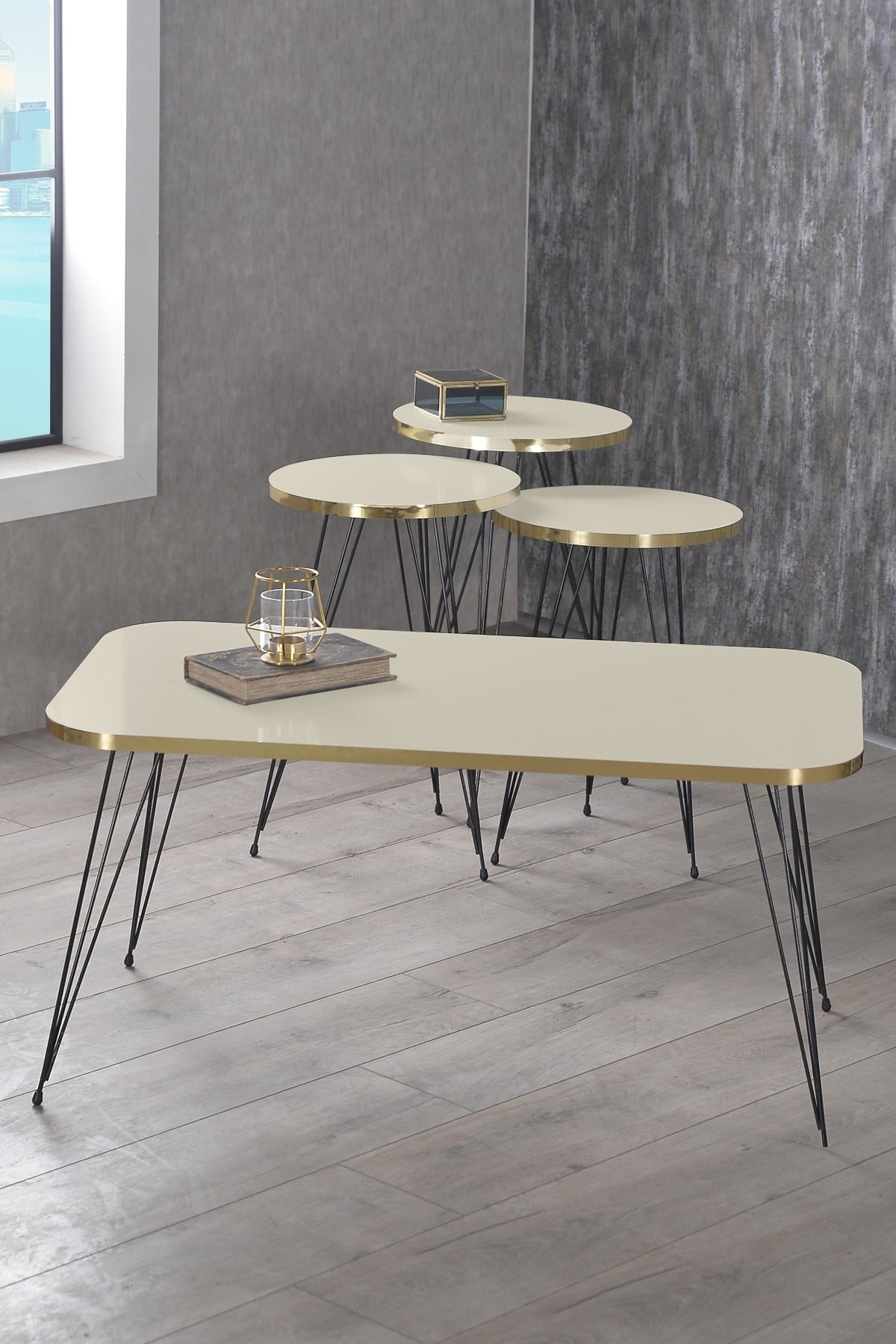 Cream White Table Set with 4 PCS,Rectangular Coffee Table Set of 3 Modern Round Nesting Coffee ...