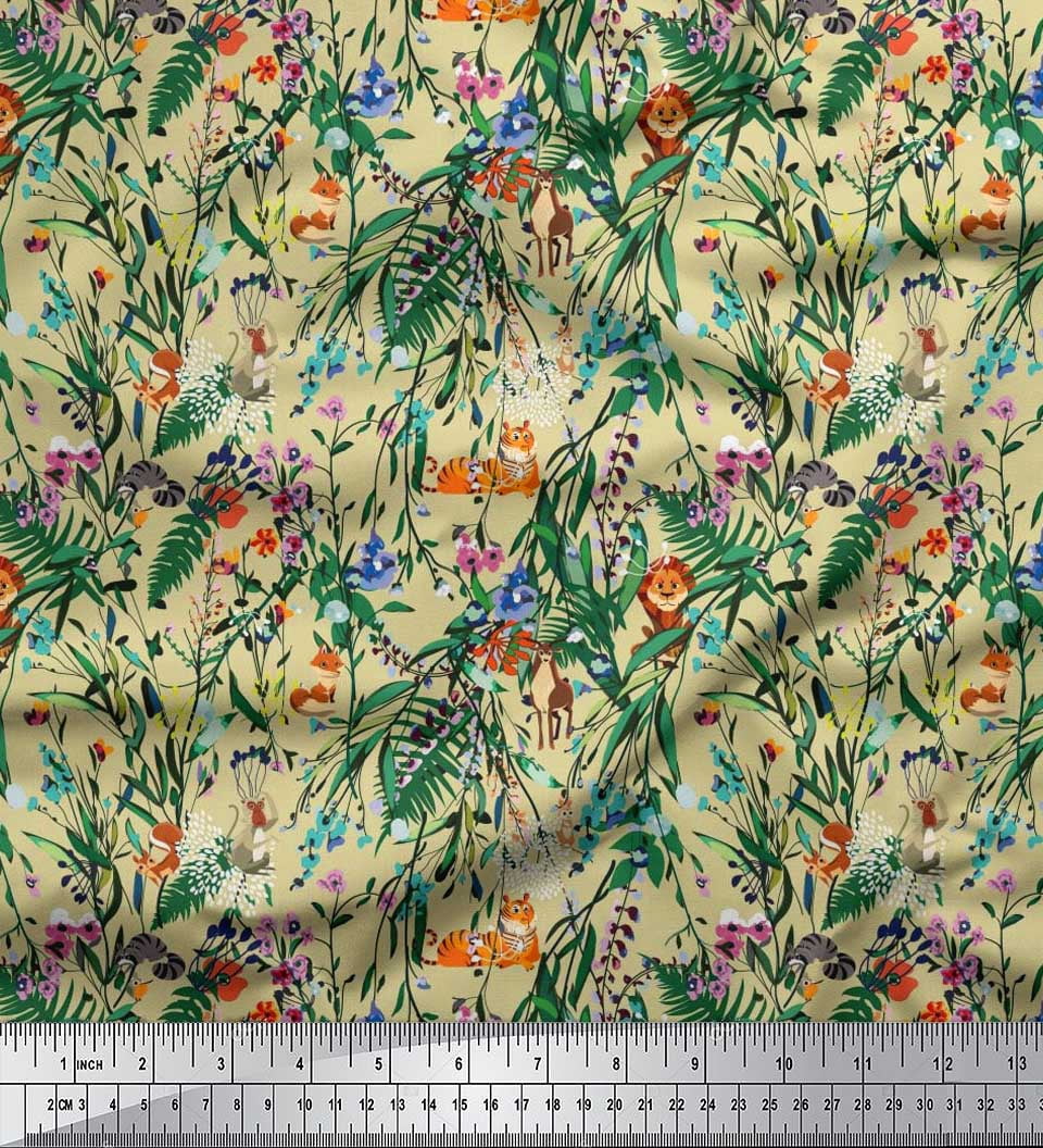 Soimoi Japan Crepe Satin Fabric Leaves & Cartoon Animals Jungle Print ...