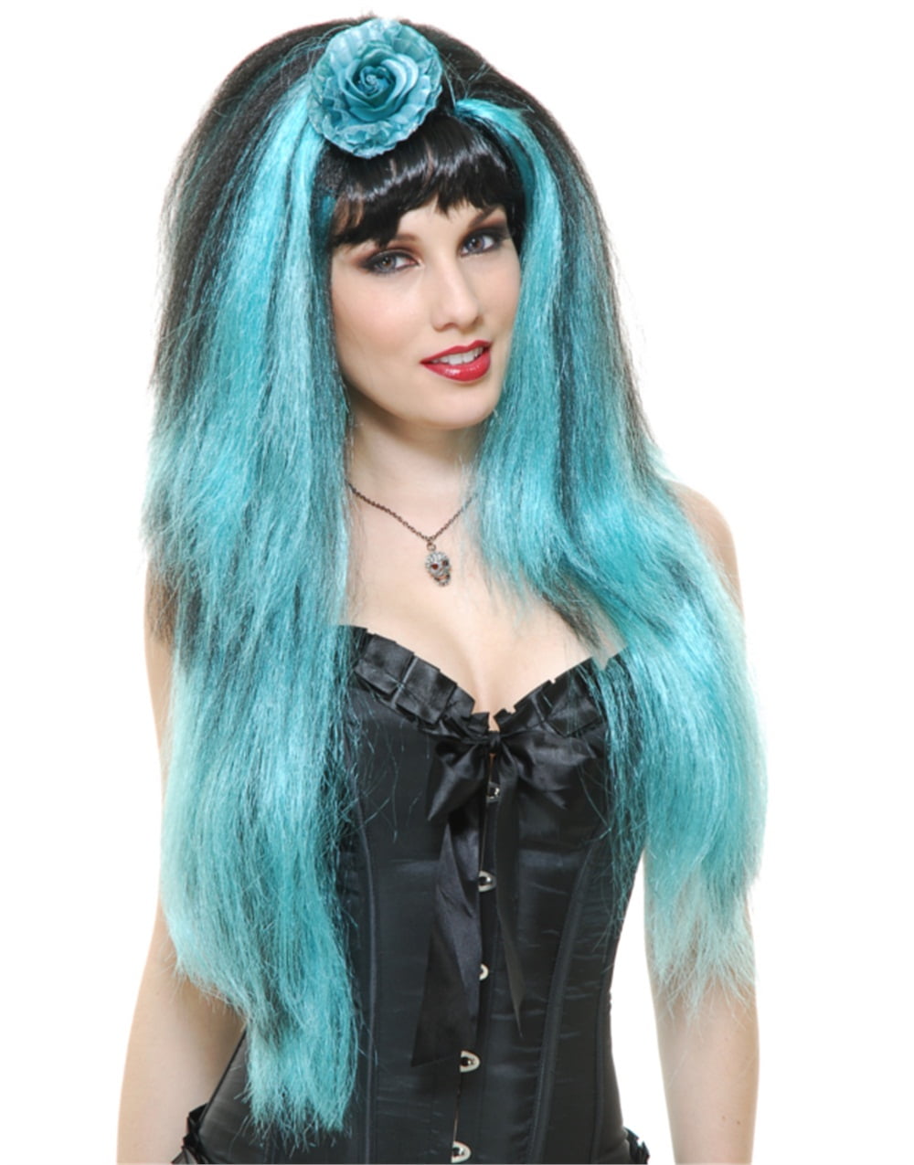 Gothic Aqua Blue Black Long Wig Adult Women Rocker Costume Accessory ...