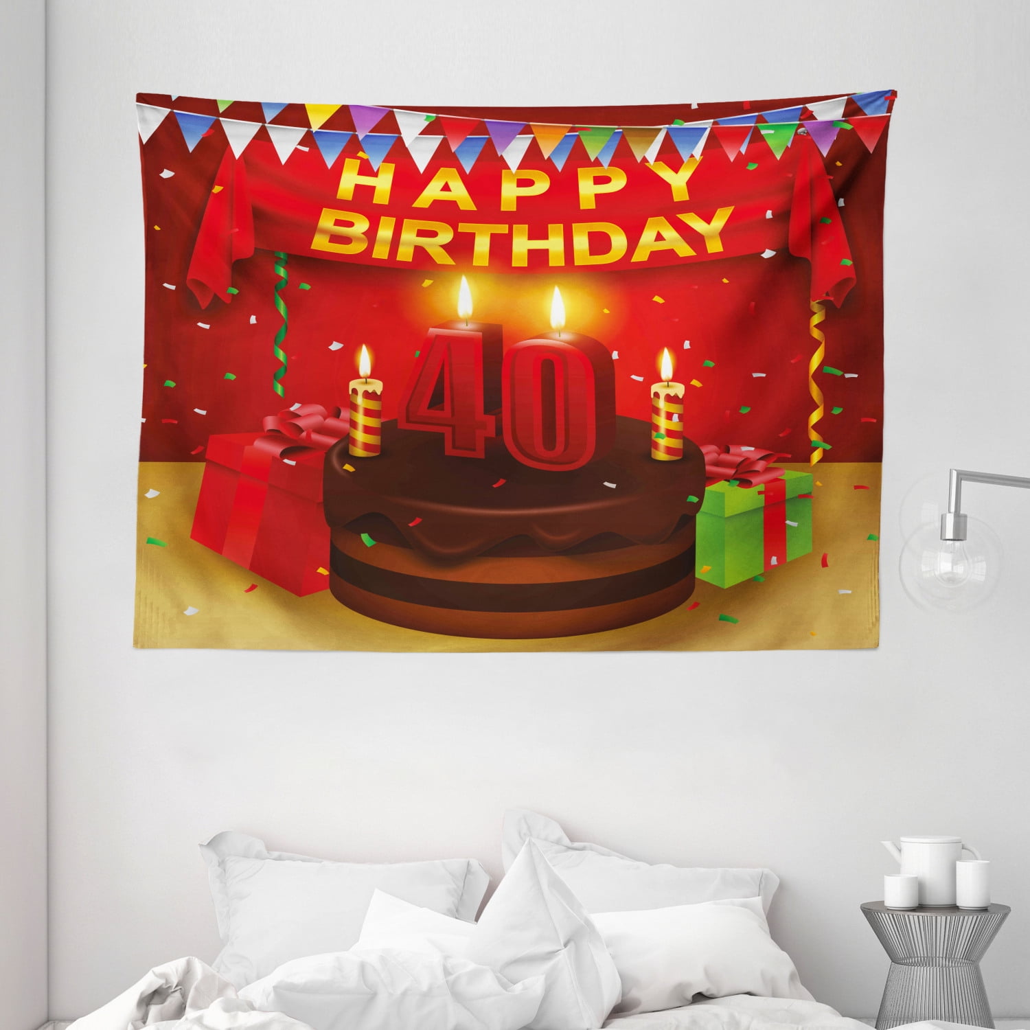 40th Birthday Decorations Tapestry, Party Set Up with Flags Chocolate ...