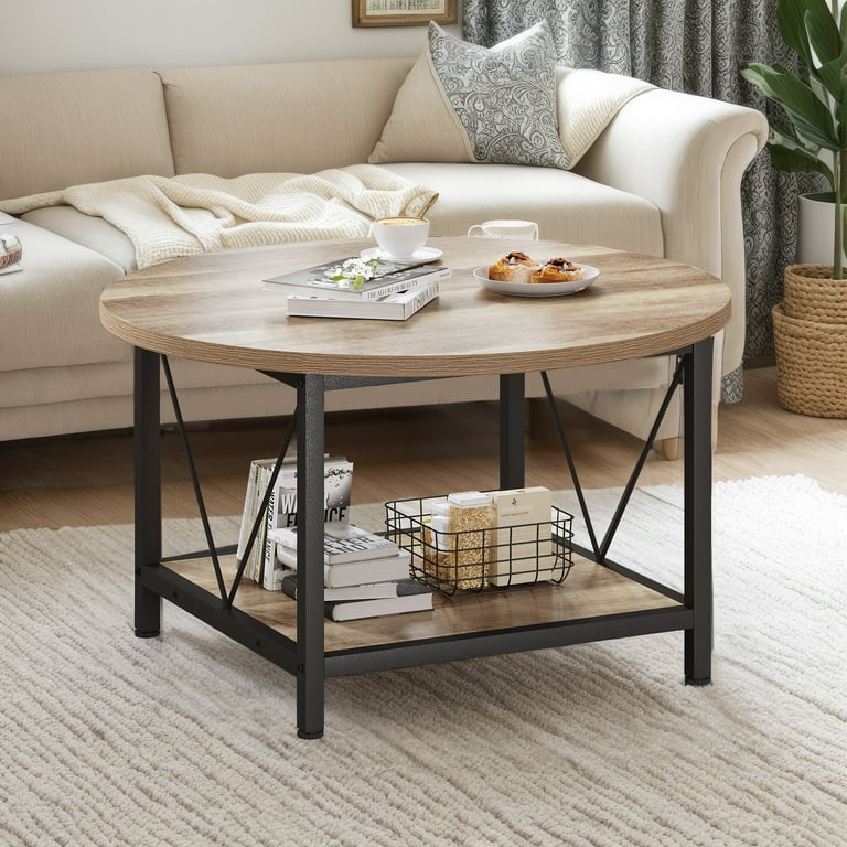 Dextrus Industrial Round Coffee Table Rustic Metal Legs Wood Finish Top OAK with Storage Walmart