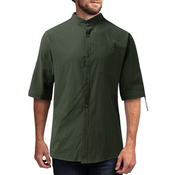 Hanxiulin Men Spring Summer Solid Color Stand Collar Casual Single Half