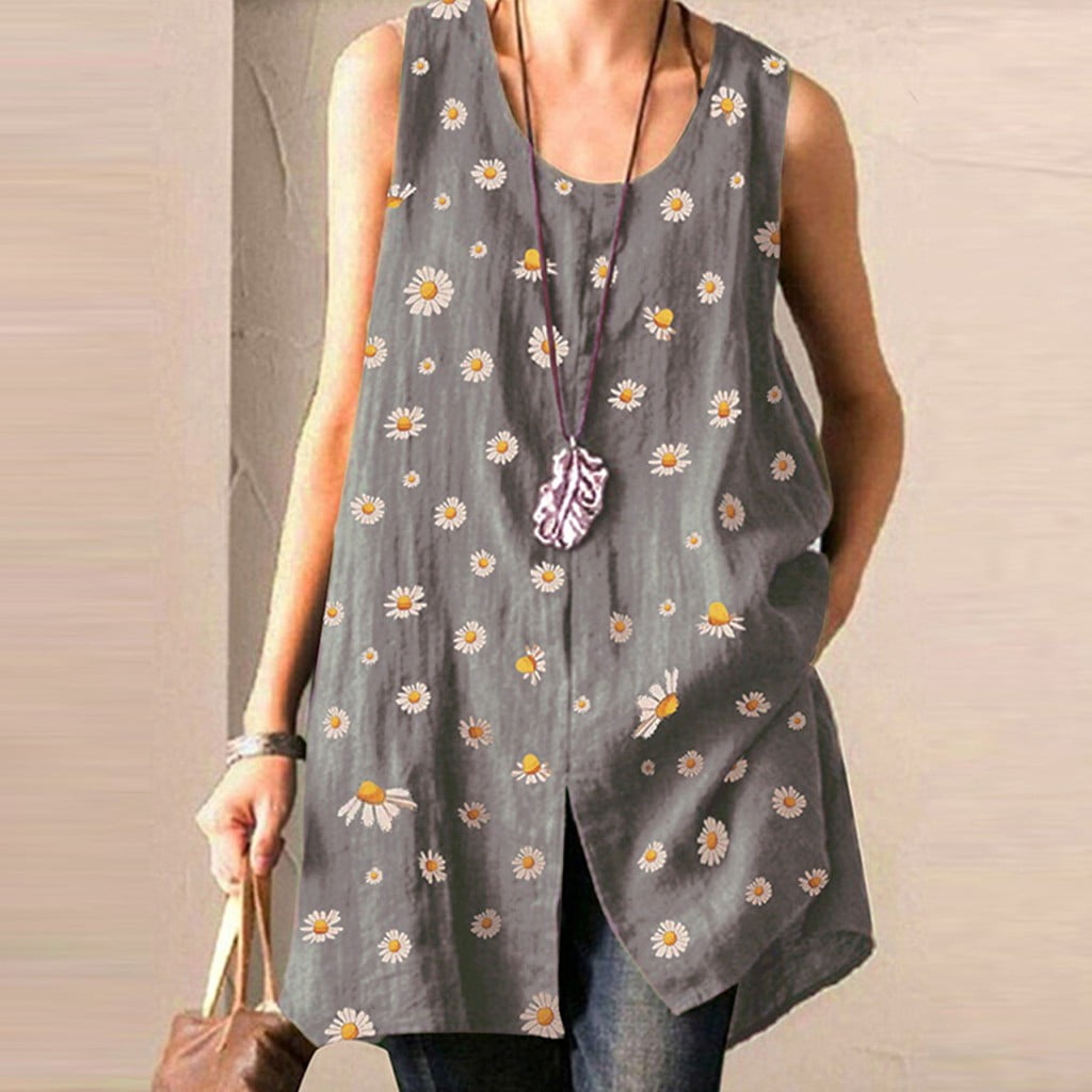 Plus Size Women Short Sleeve Cotton Linen O Neck Button Print Blouse