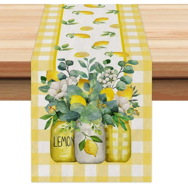 Yellow Buffalo Check Summer Table Runner 72 Inch, Lemon Vase Spring ...