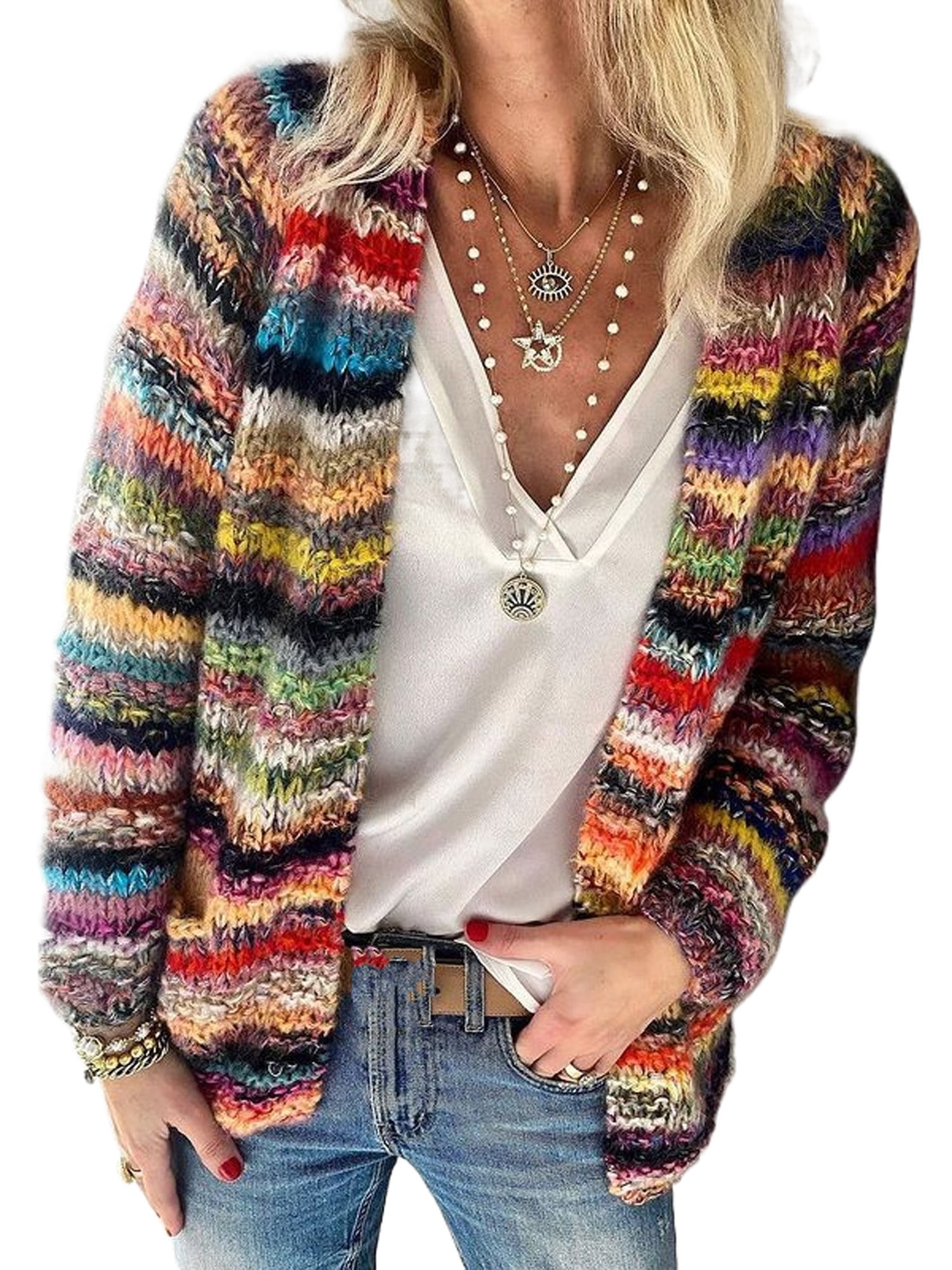 Peyakidsaa Women Open Front Striped Cardigan Long Sleeve Cozy Knit ...