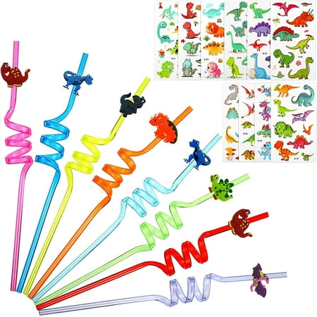 24 Pieces Reusable Dinosaur Straws Plastic Dinosaur Straws and 10 ...